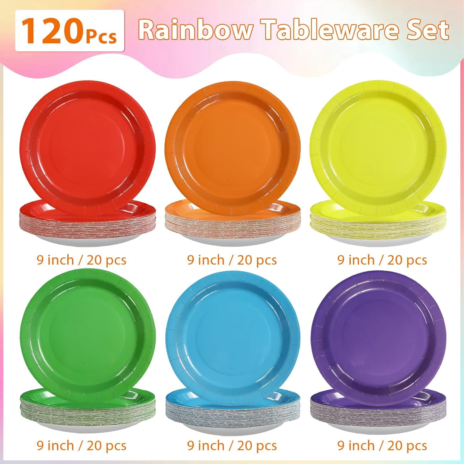YUYAN-120Pcs Rainbow Paper Plates 9" Round Colorful Party Plates ...