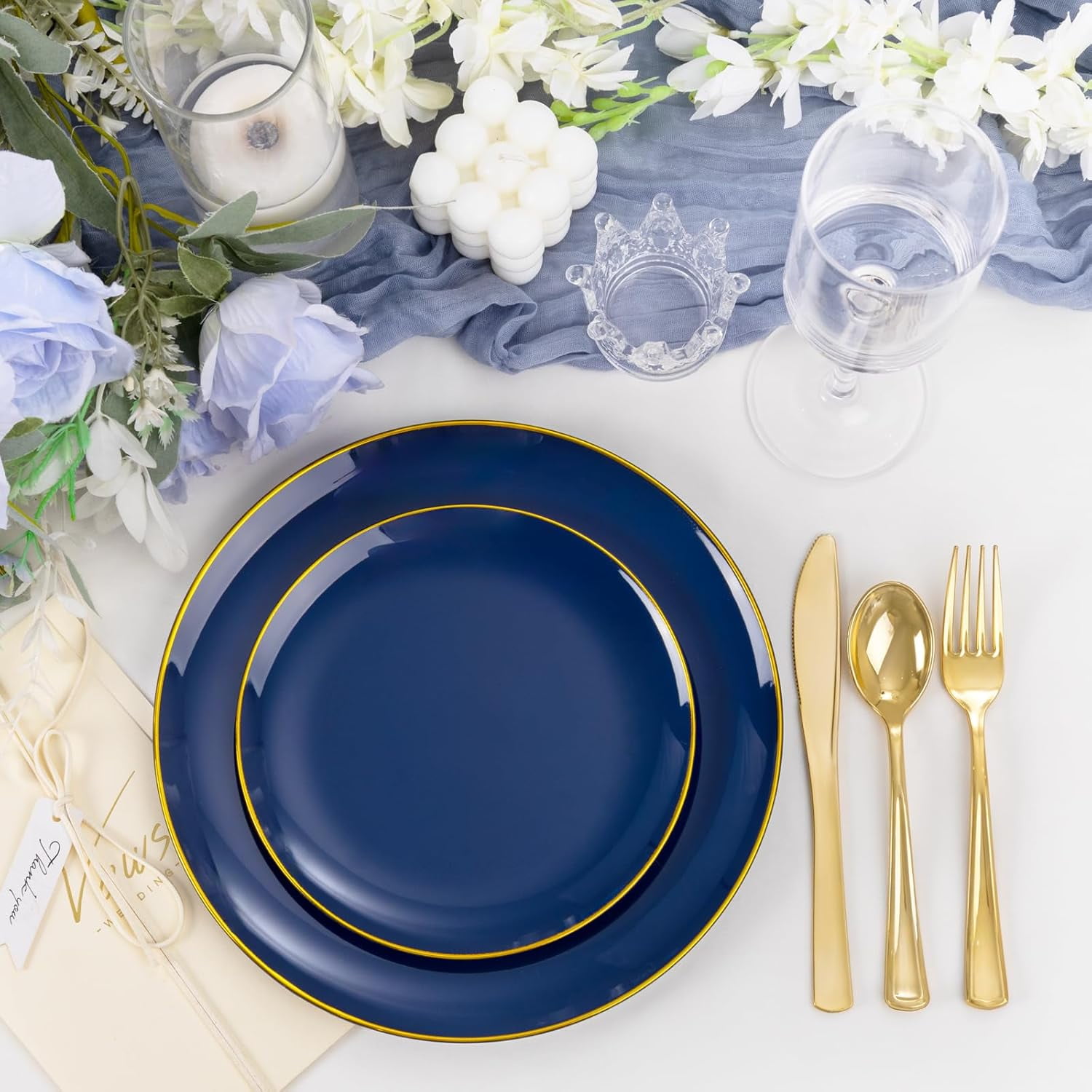YUYAN-125PCS Blue Plastic Plates - Blue and Gold Plates - Navy Blue ...