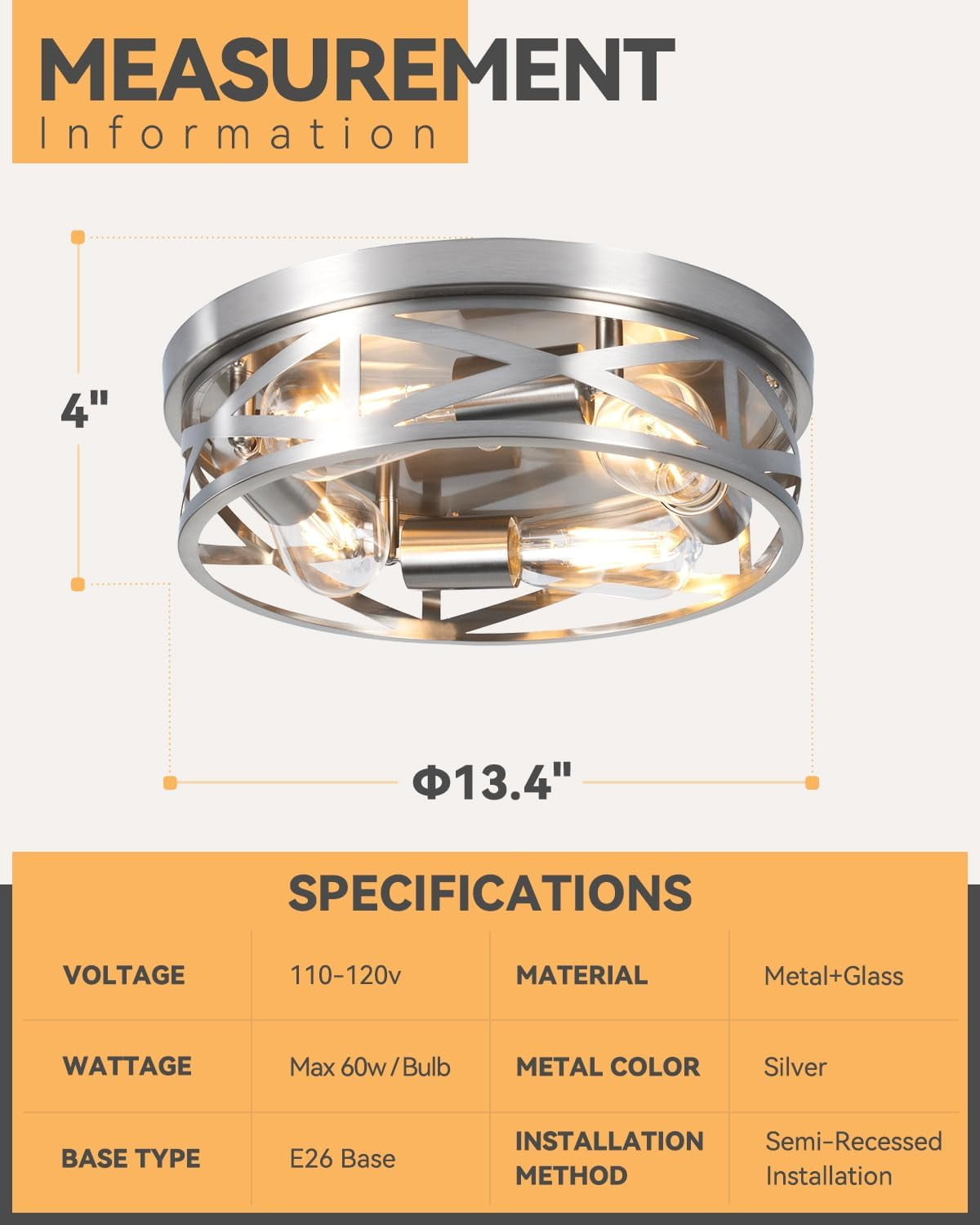 YUYAN-13 Inch Ceiling Light Fixtures, 4-Light Brushed Nickle Flush ...