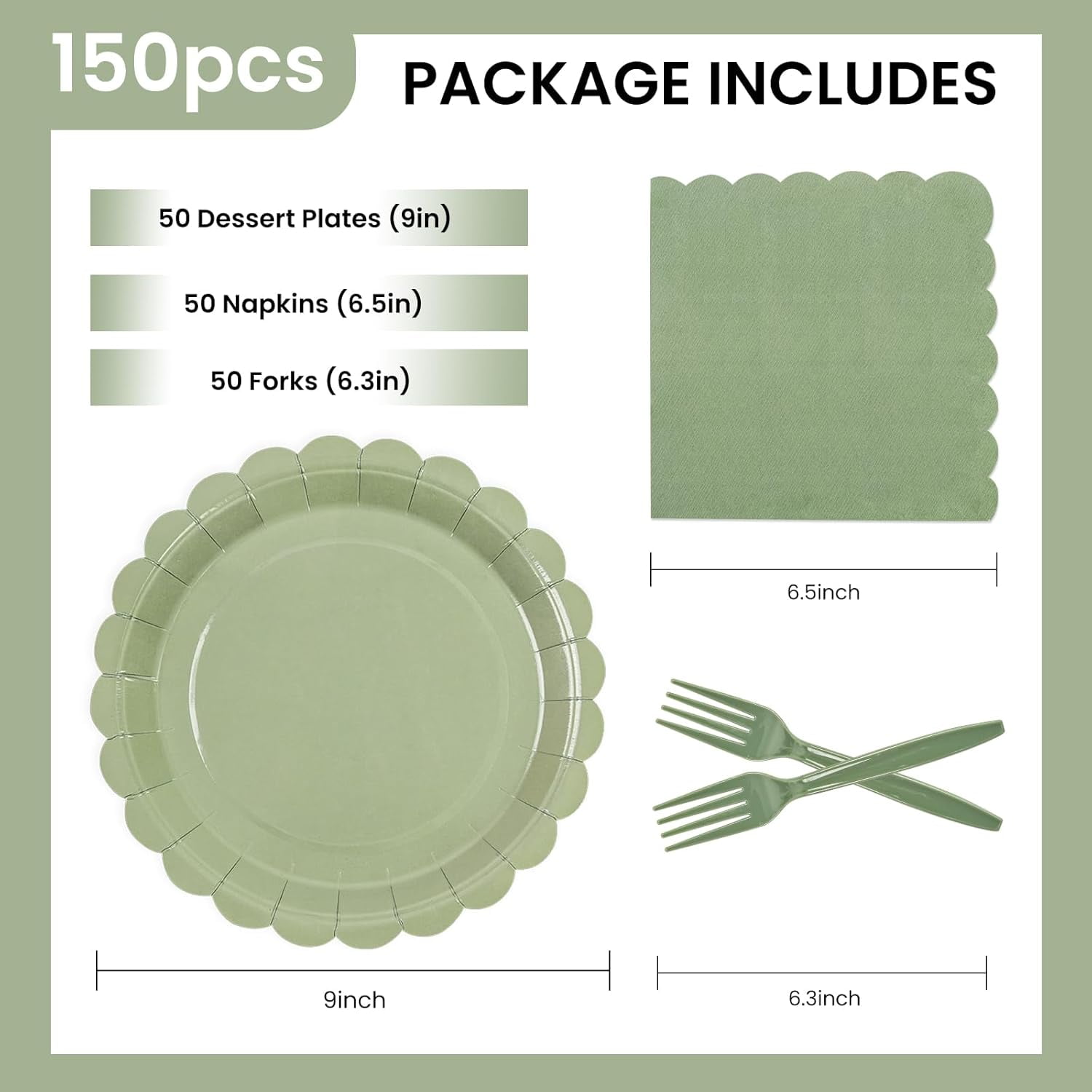 YUYAN-150Pcs Sage Green Paper Plates and Napkins,50 Sage Green Guest ...