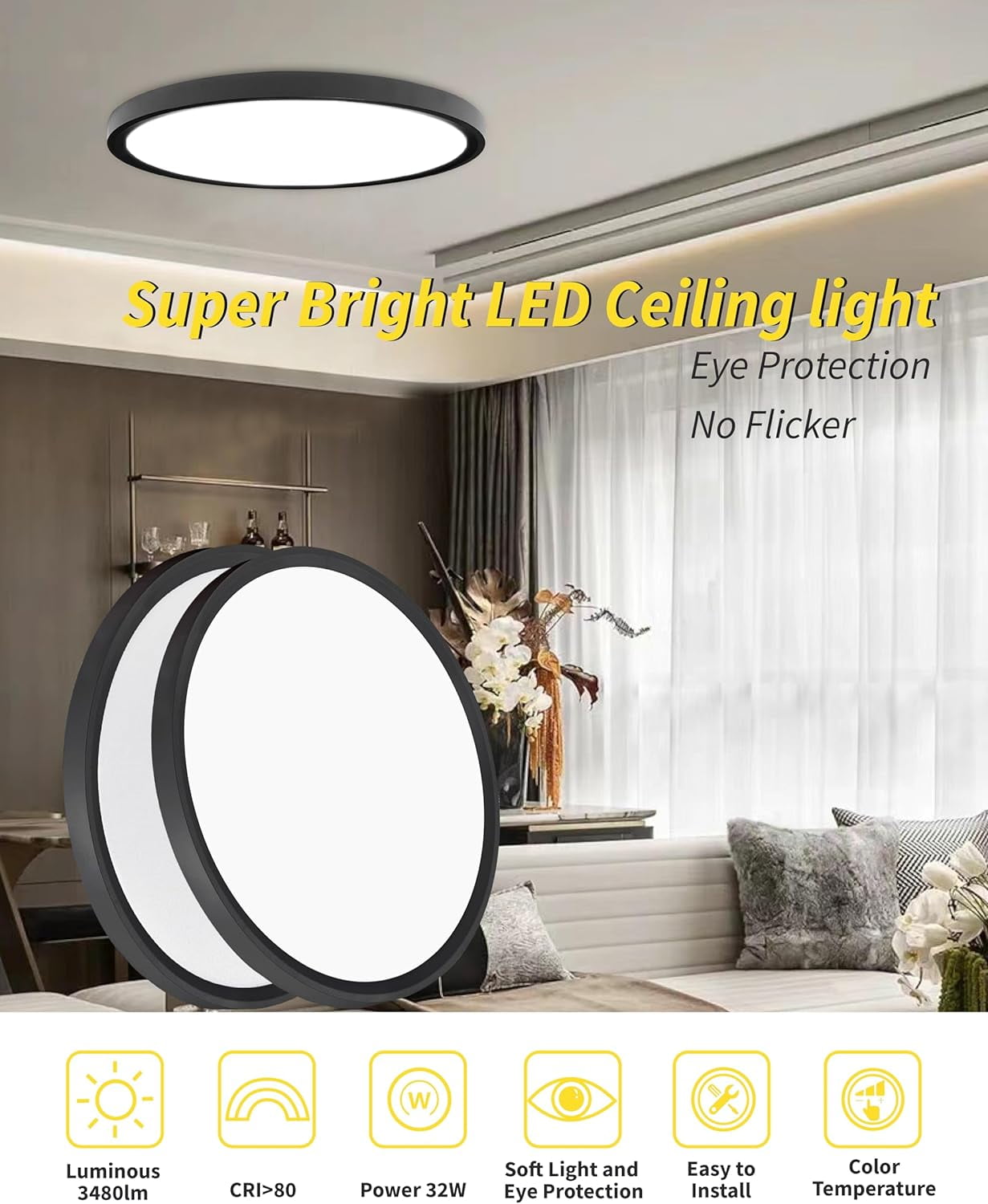 YUYAN-16 Inch LED Flush Mount Ceiling Light Fixture,Round 32w 3480lm ...