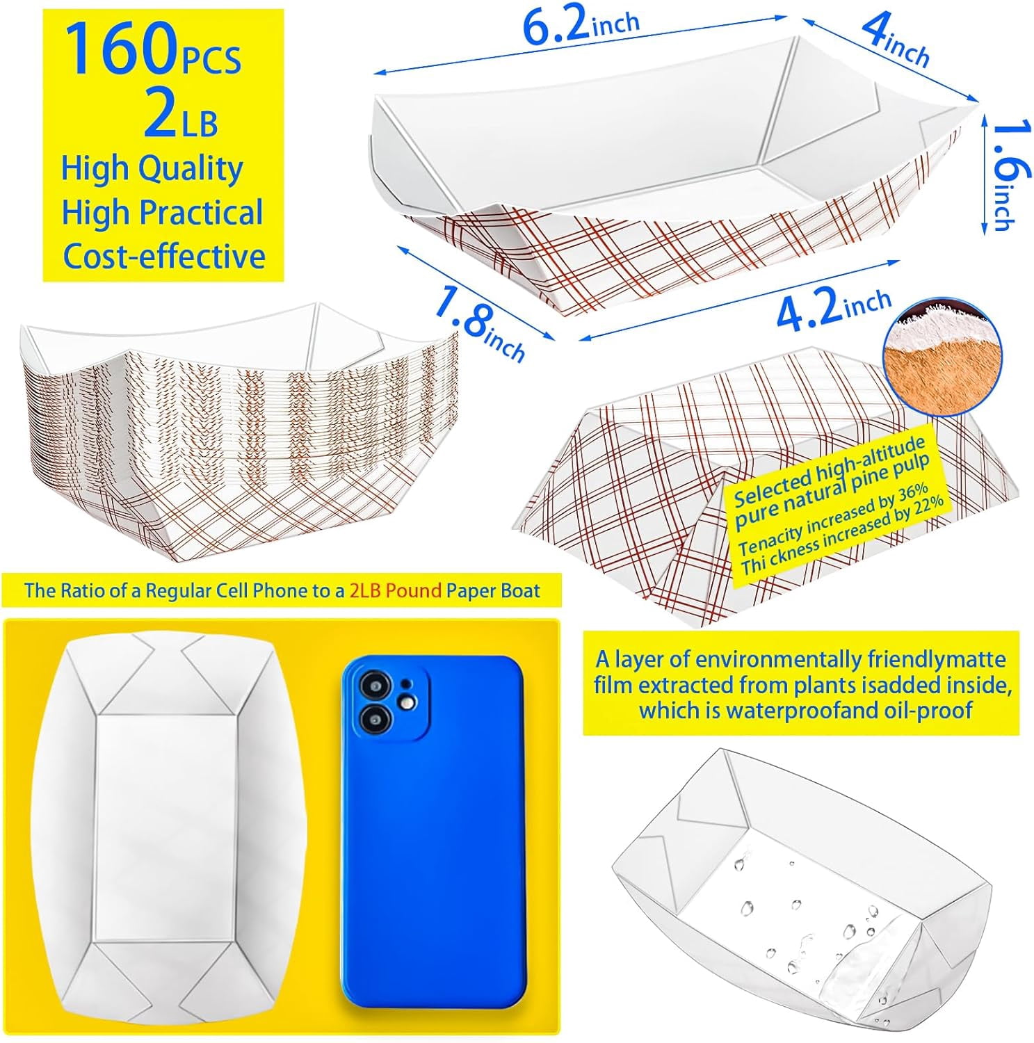 YUYAN-160 Pack Checkered 2Lb Paper Food Boat Trays Disposable Paper ...