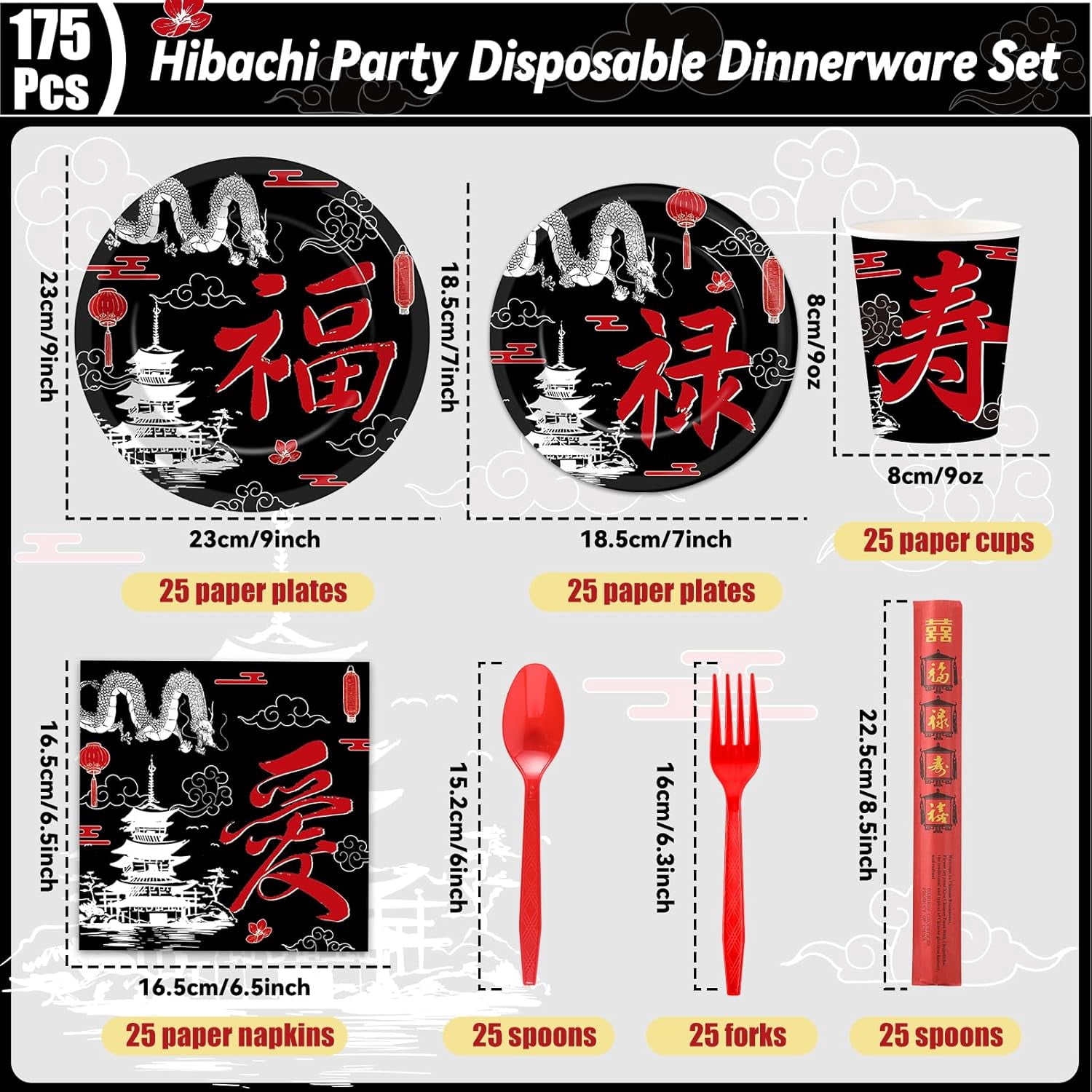 YUYAN-175 Pcs Hibachi Disposable Dinnerware Japanese Party Supply ...