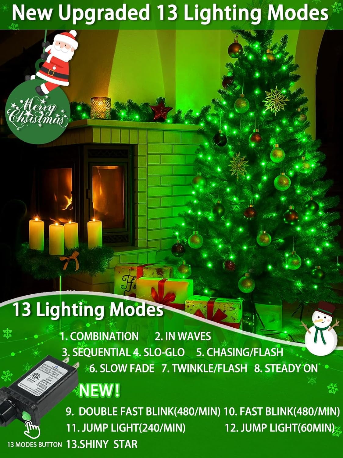 YUYAN-2-Pack 66FT 200 LED Christmas Lights, 13 Modes Extendable ...