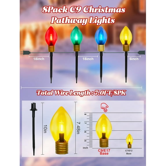 YUYAN-2 Pack 7FT LED Jumbo C9 Christmas Lights Pathway,4 Christmas ...