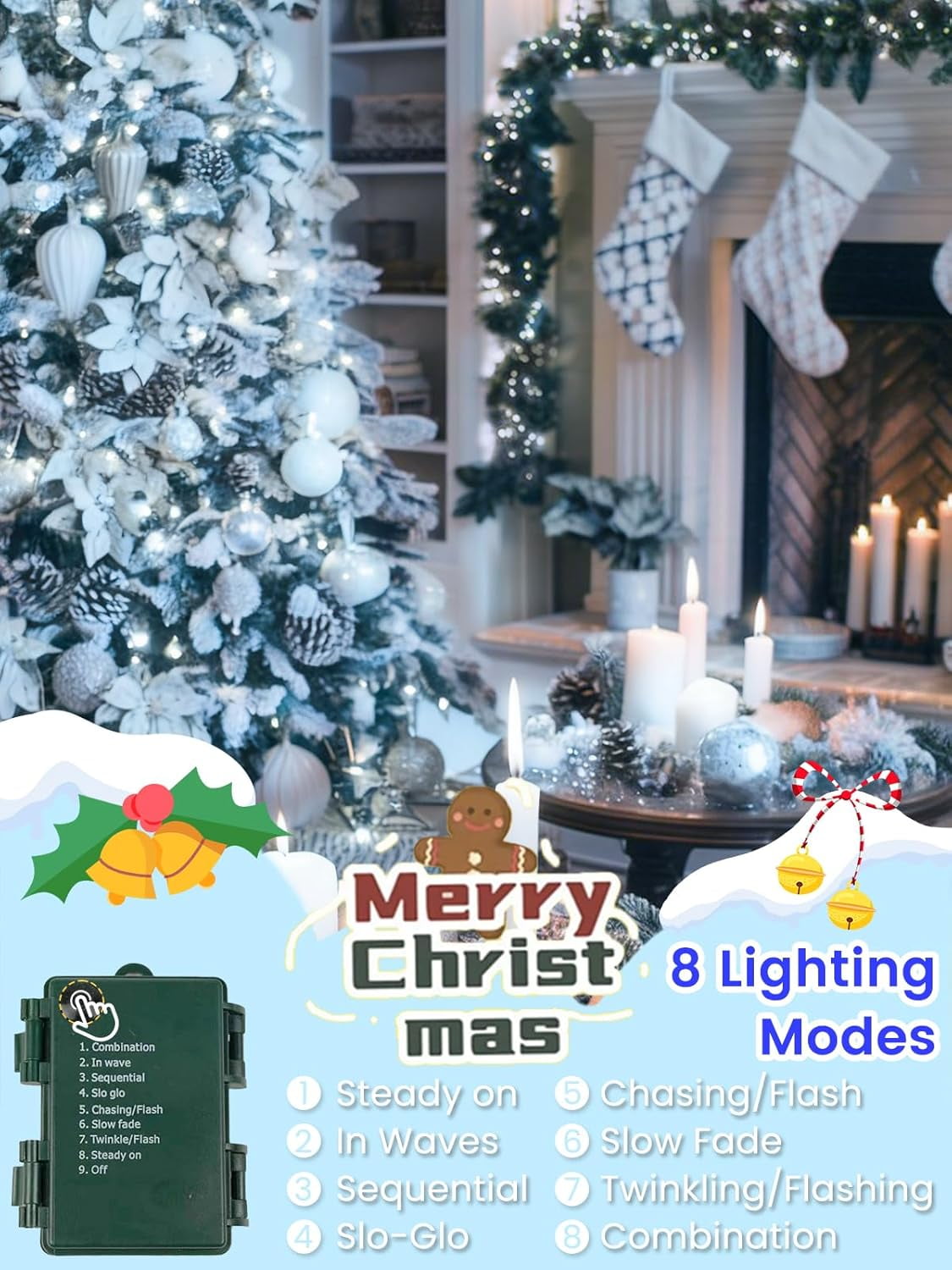 YUYAN-2 Pack Battery Operated Christmas Lights with Timer, 66FT 200 LED ...