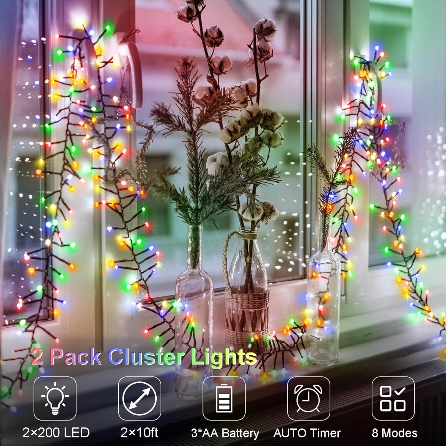 YUYAN-2 Pack Cluster String Lights Battery, Total 20Ft 400 LED ...