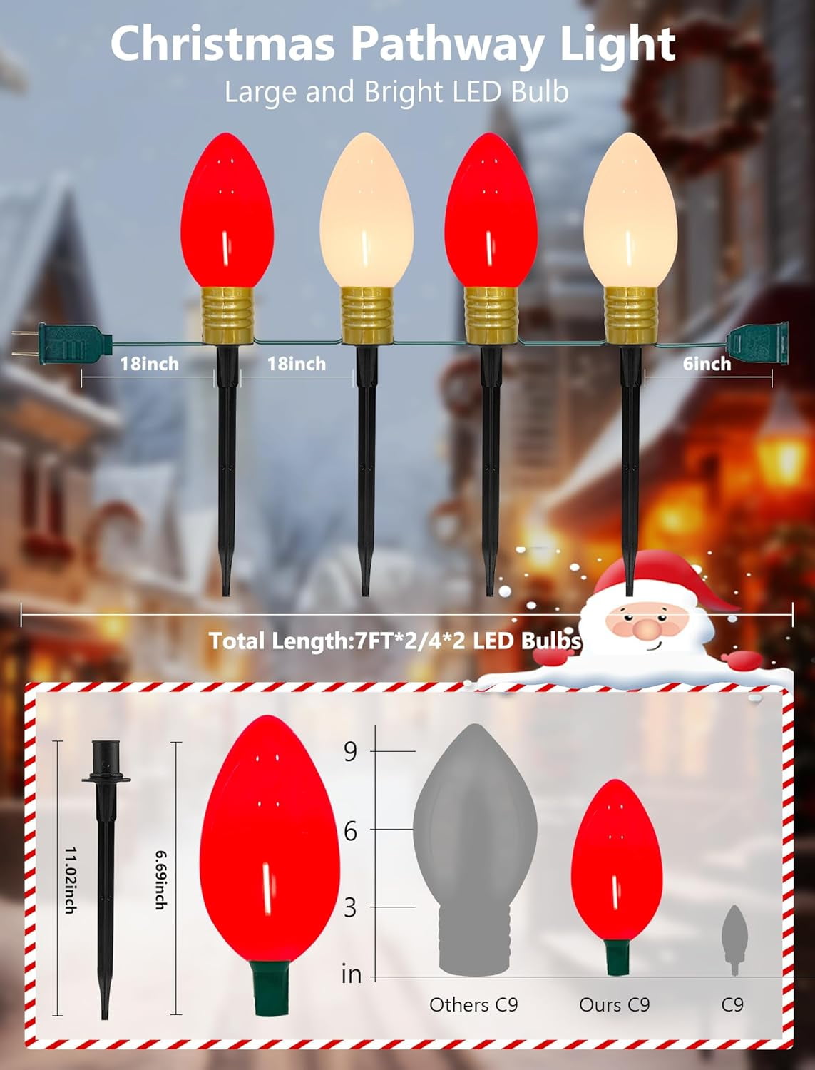 YUYAN-2 Pack Jumbo C9 Christmas Pathway Lights, 14FT Red & White LED ...