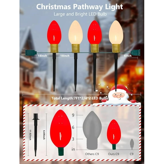 YUYAN-2 Pack Jumbo C9 Christmas Pathway Lights, 14FT Red & White LED ...