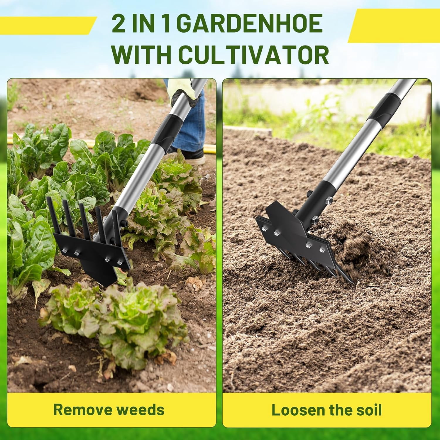 YUYAN-2-in-1 Heavy-Duty Weed Puller Tool with 5-Tine Rake – 30" to 60 ...