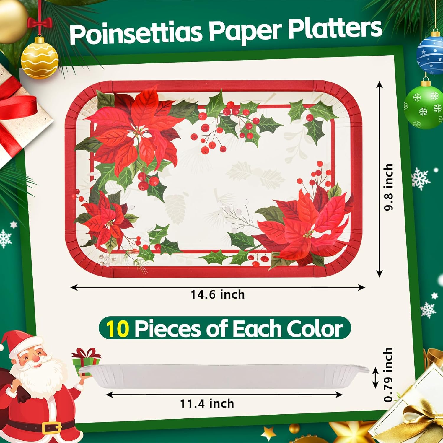 YUYAN-20 Count Christmas Poinsettia Paper Platters 15" X 10.3" Large ...