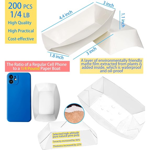 YUYAN-200 Pack White 1/4Lb Paper Food Boat Trays Disposable Small Paper ...