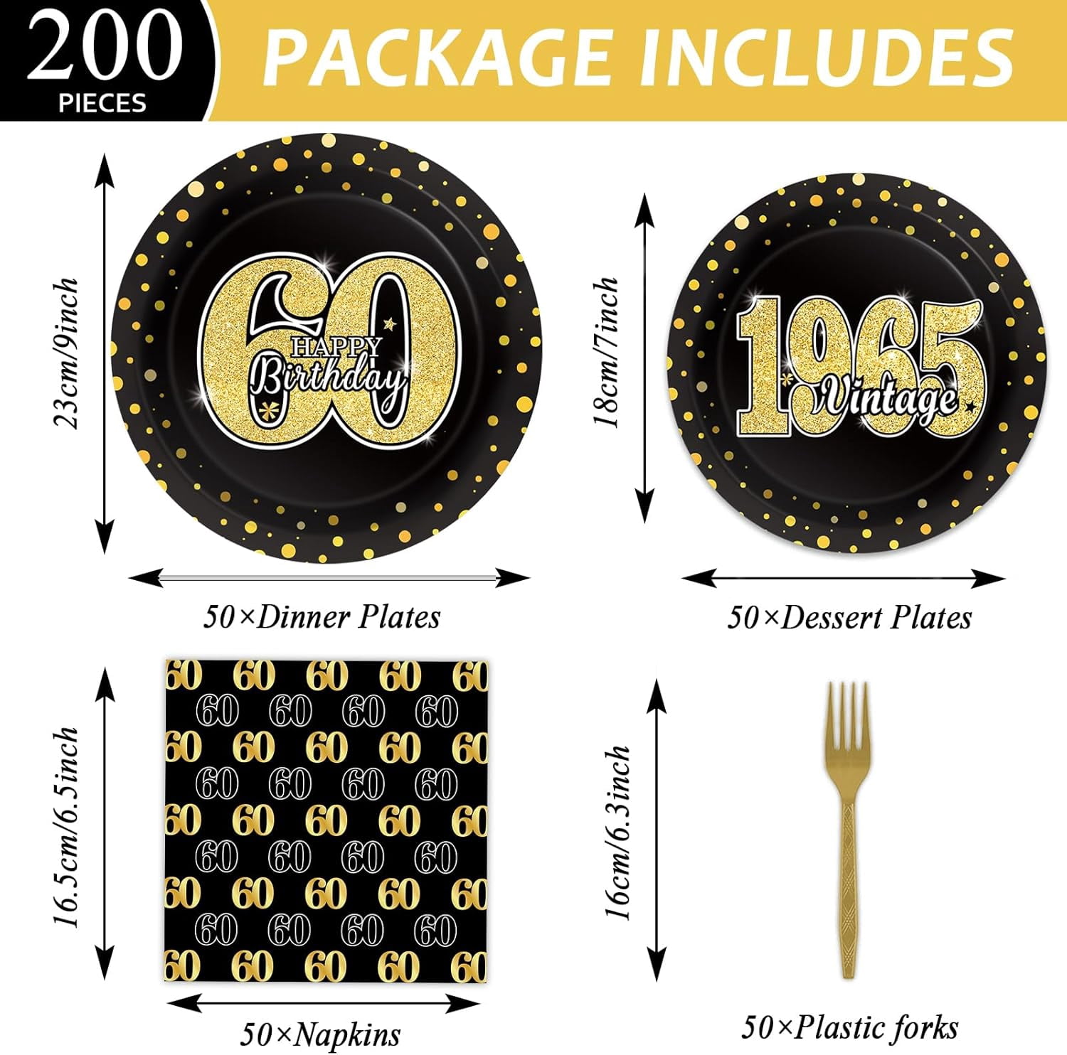 YUYAN-200PCS 60th Theme Birthday Party Tableware Vintage 1965 Party ...