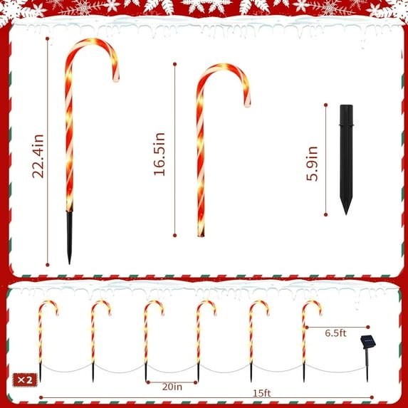 YUYAN-22" Candy Cane Lights Outdoor Pathway 2PK 12 PCS 8 Modes Solar ...