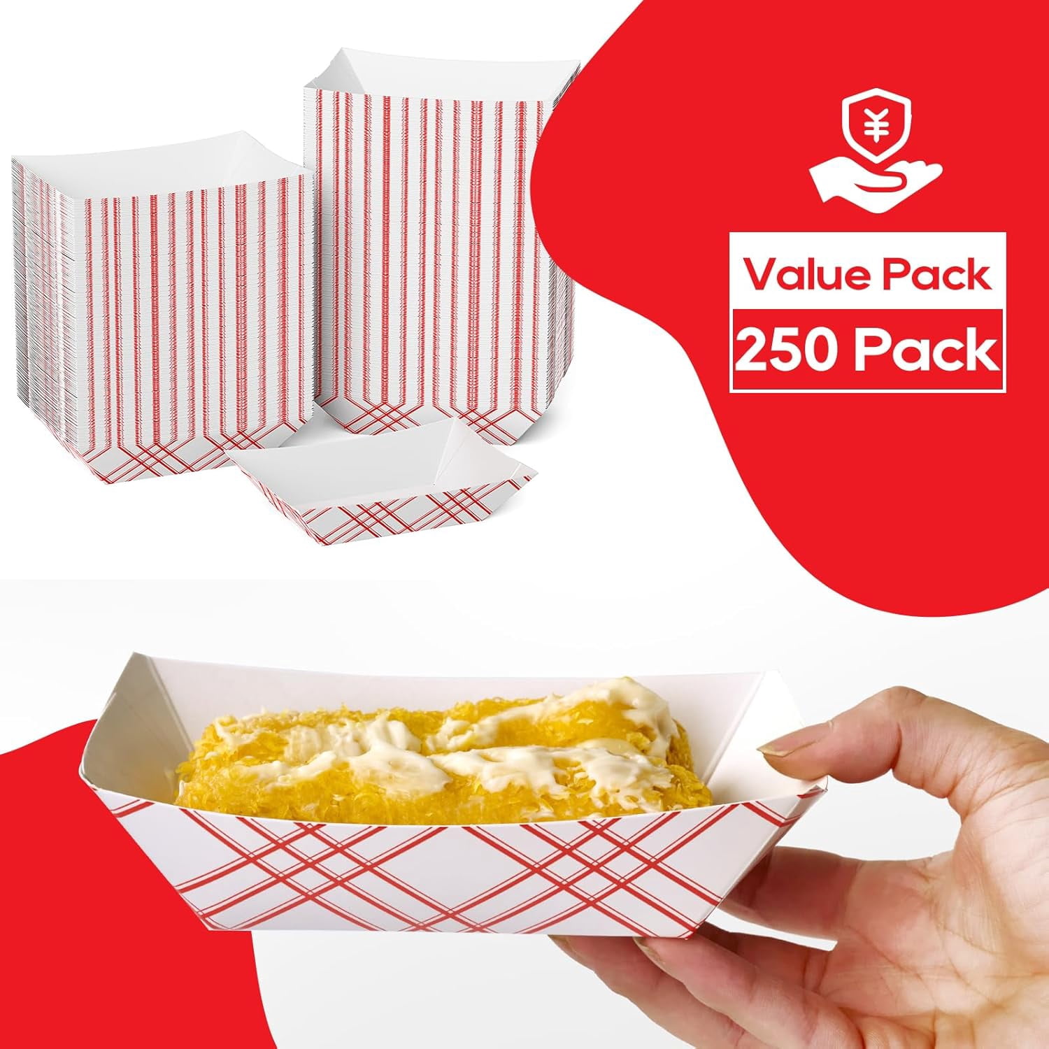 YUYAN-250 Pack 2lb Paper Food Tray Red, Disposable Paper Food Boats ...