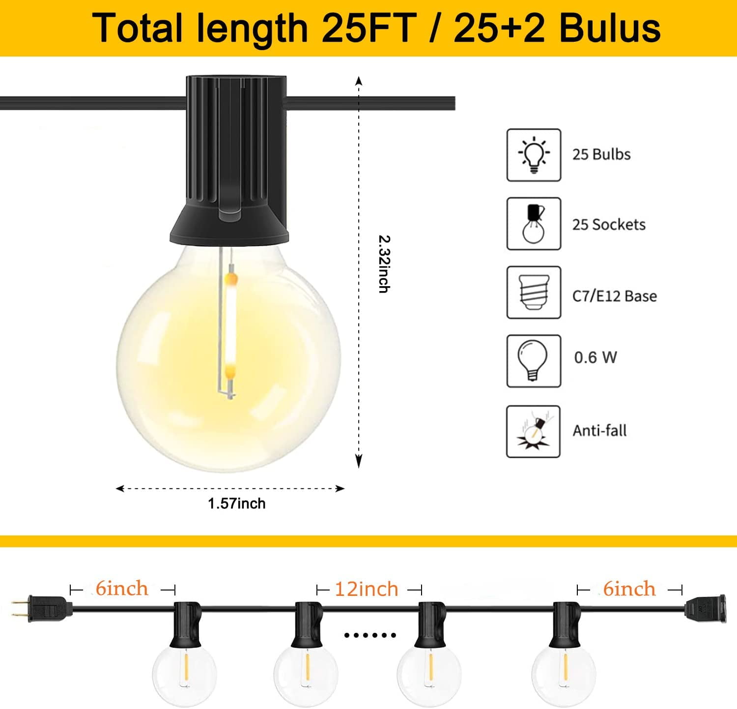 YUYAN-25Ft LED Outdoor String Lights Waterproof, Commercial Grade Patio ...