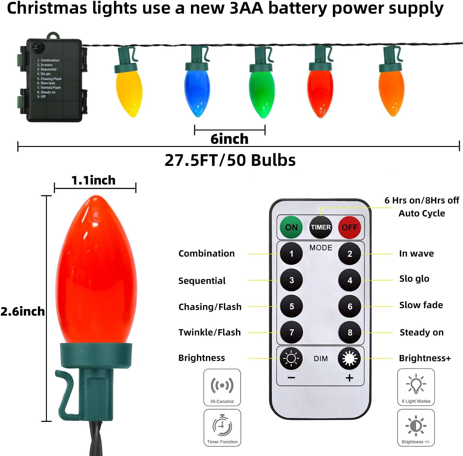 YUYAN-27.5FT C9 LED Christmas Lights Outdoor Battery Operated Lights ...