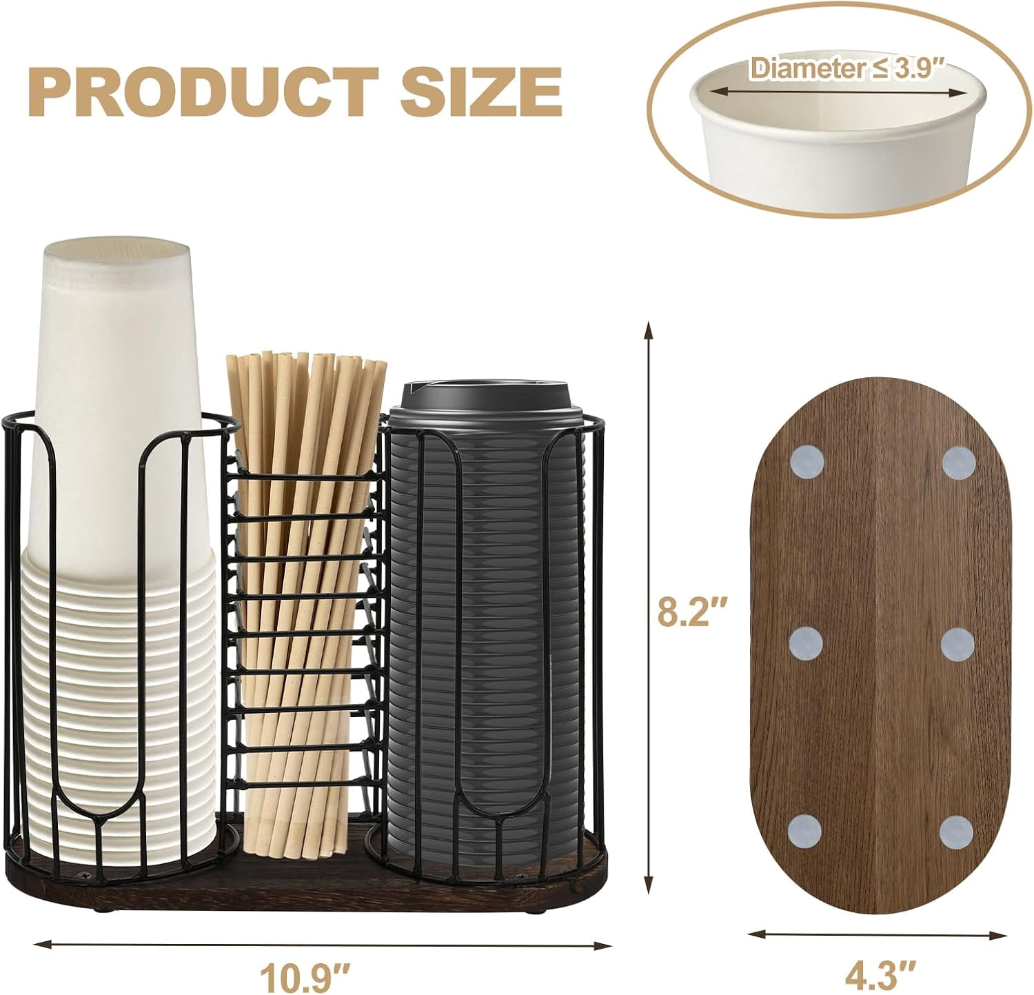 YUYAN-3-Compartment 18oz Coffee Cup Dispenser Rack with Wood Base ...