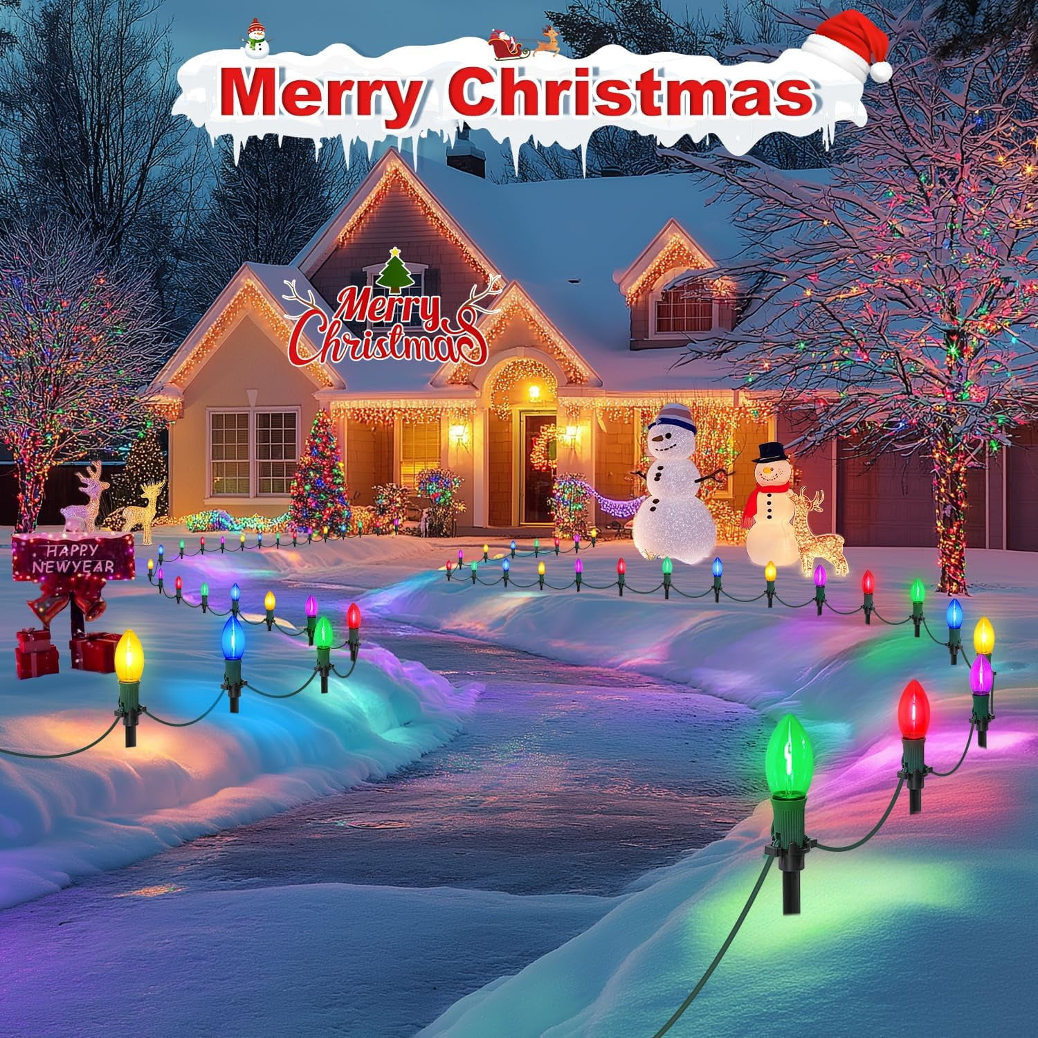 YUYAN-30Ft C9 Led Christmas Pathway Lights Outdoor, 20 Multicolor Bulbs ...