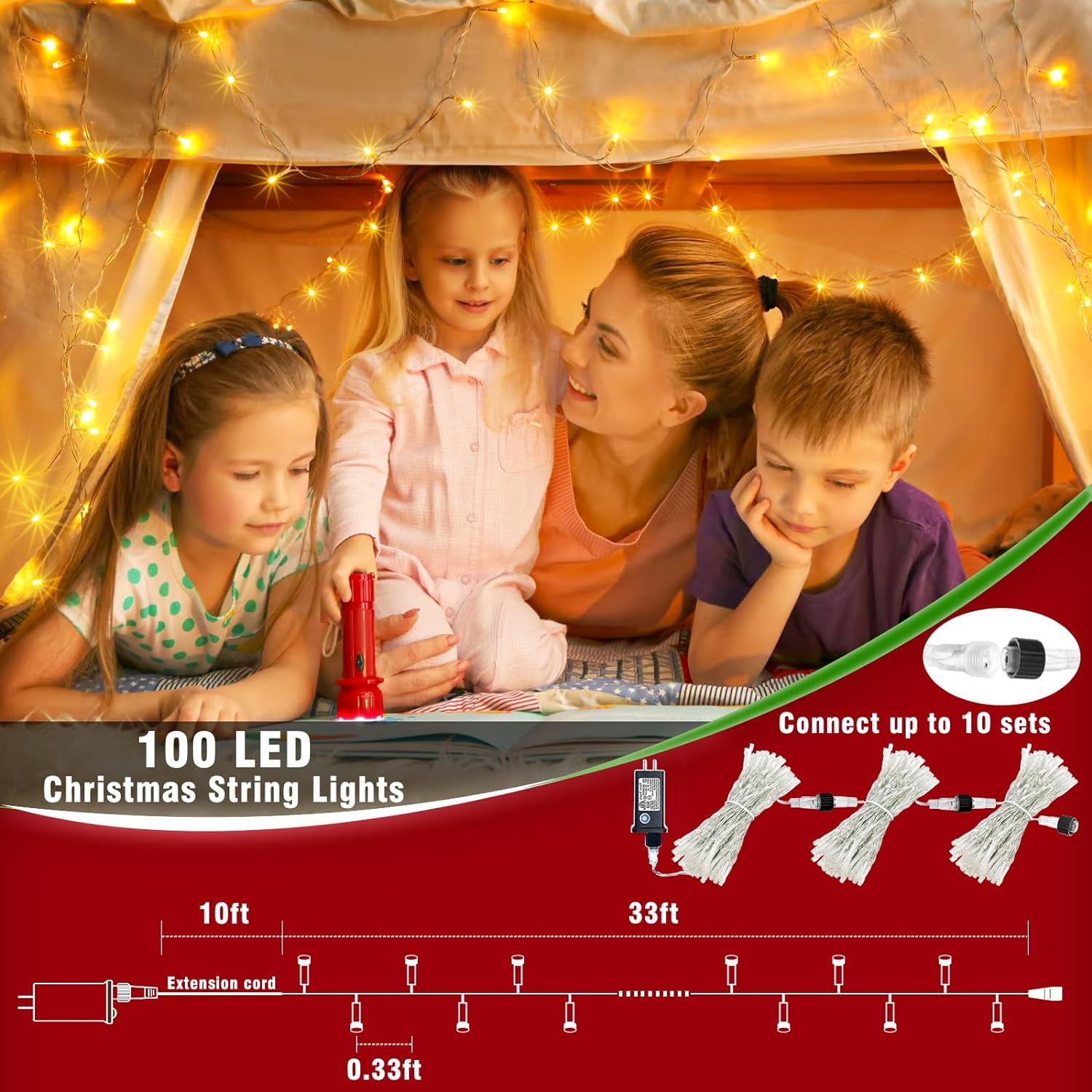 YUYAN-33ft 100 LED Christmas Lights Outdoor Waterproof, Warm White ...