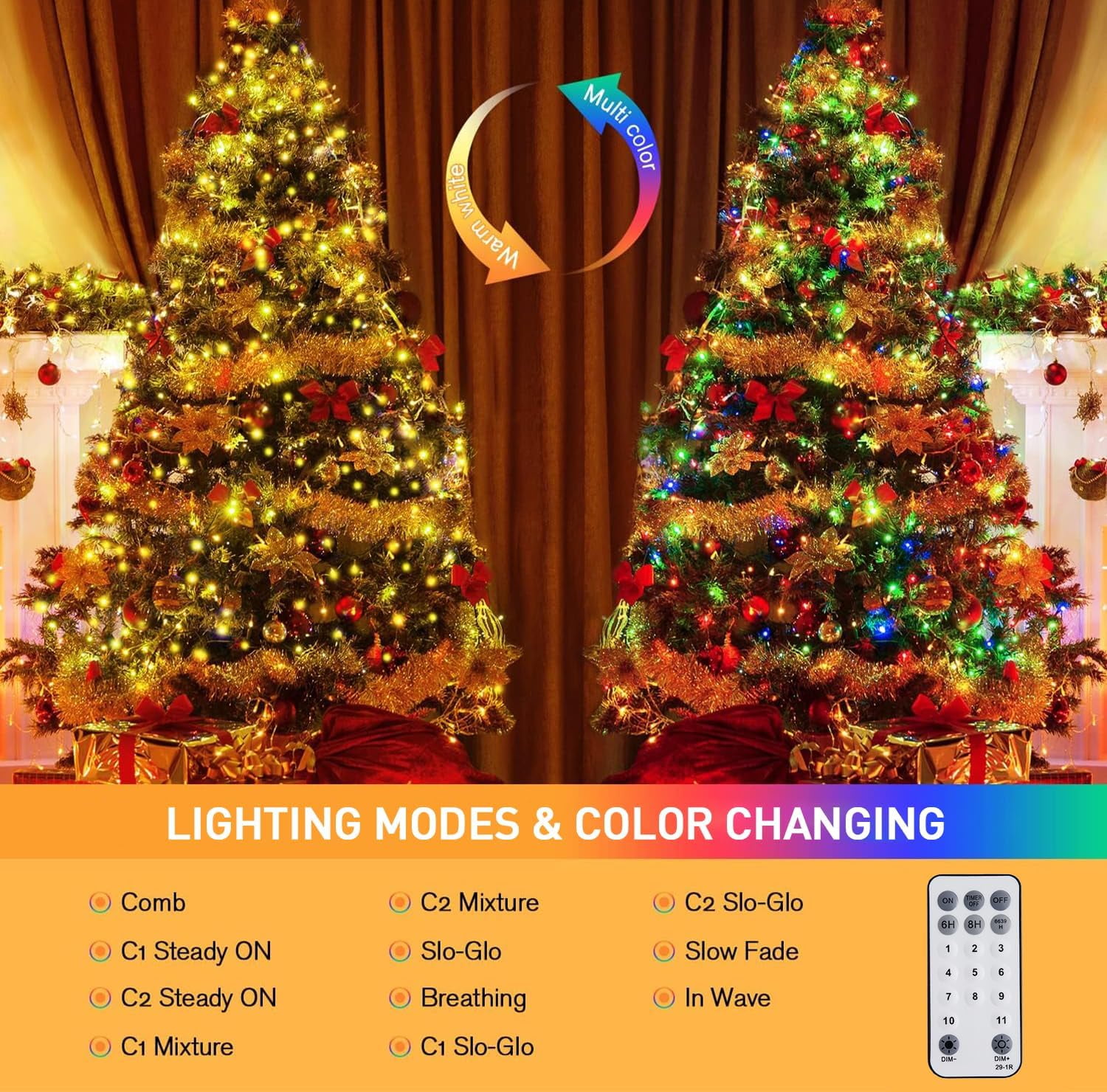 YUYAN-33ft 100 LED Color Changing String Lights Plug in, Warm White ...