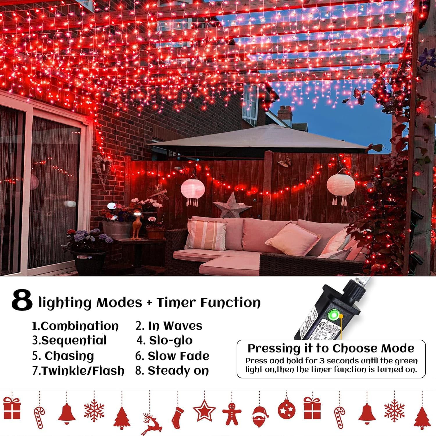 YUYAN-33ft Icicle Lights for Outside, Red Christmas Lights Outdoor ...