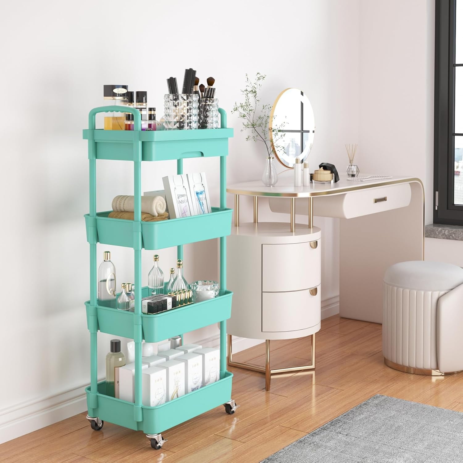 YUYAN-4-Tier Rolling Utility Cart with Drawer,Multifunctional Storage ...