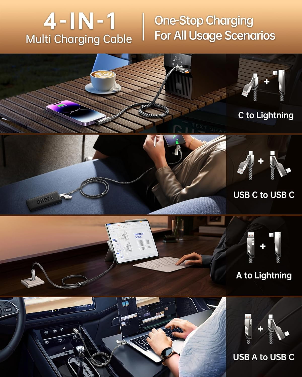 YUYAN-4-in-1 USB C Cable 5FT Compatible with Lightning Cable 90 Degree ...