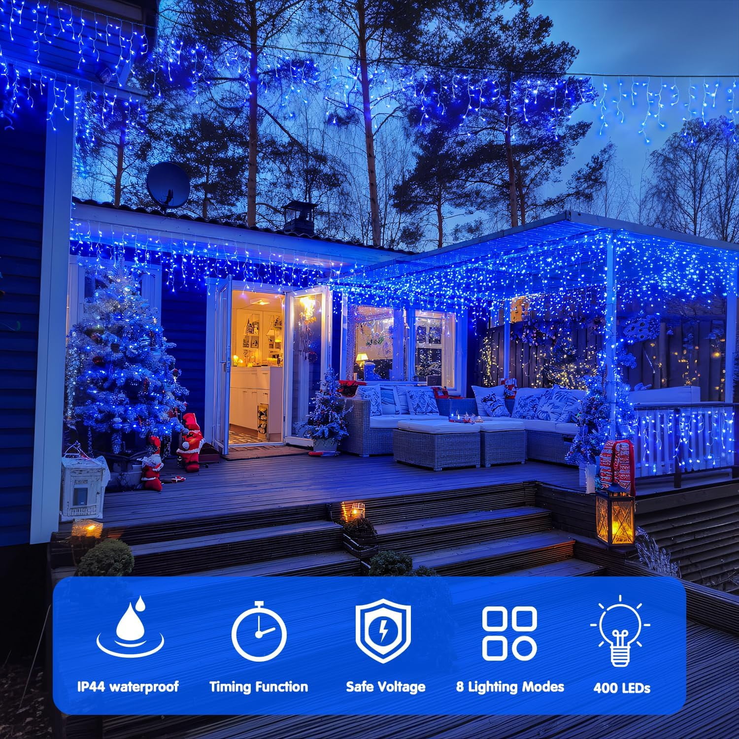 YUYAN-400 LED Blue Icicle Lights for Outdise, 38.8 FT Christmas Icicle ...