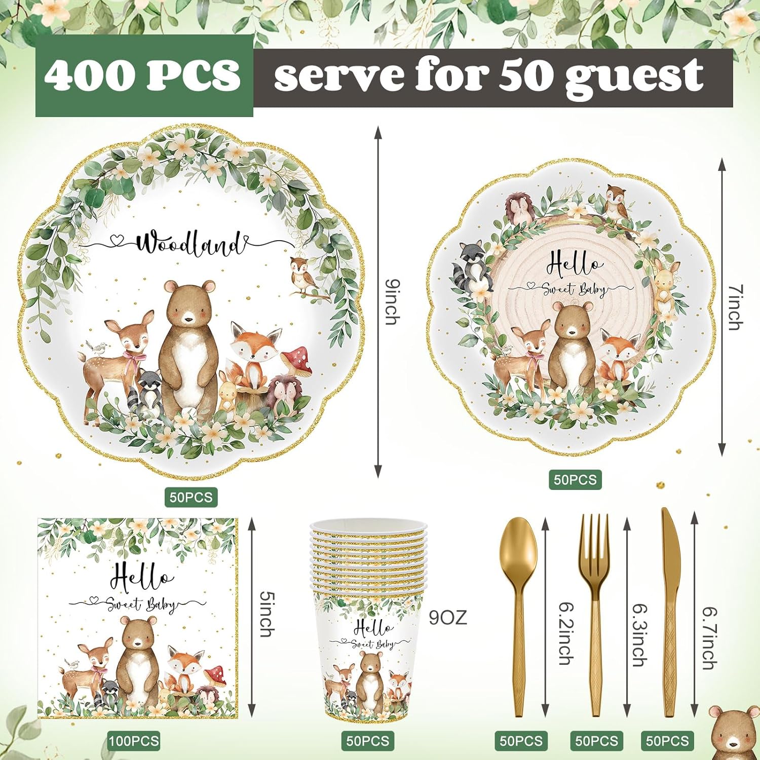 YUYAN-400 Pcs Woodland Baby Shower Party Supplies for 50 Forest Animals ...