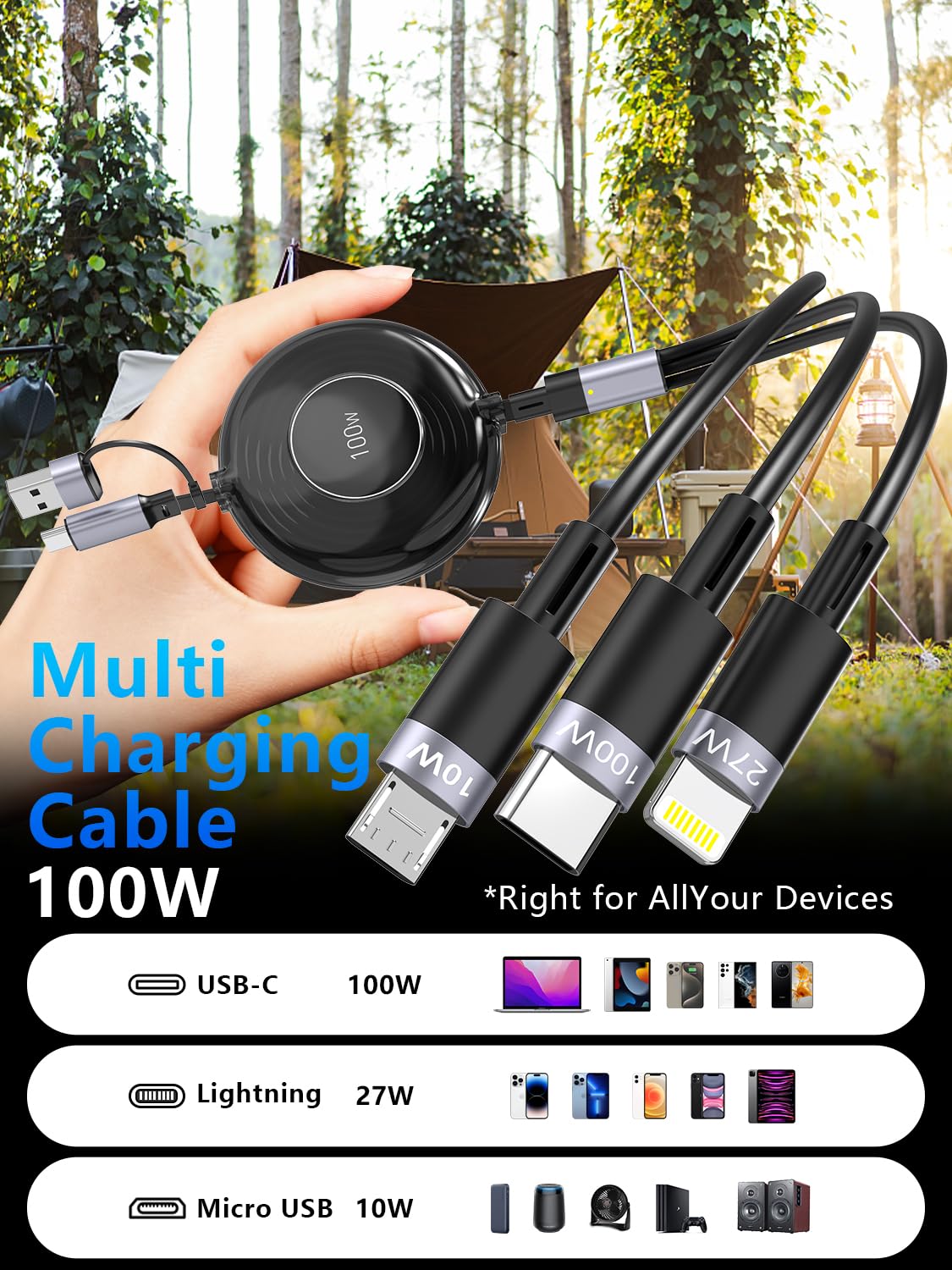 YUYAN-4FT Multi Charging Cable 100W Retractable USB C Multiple Charging ...