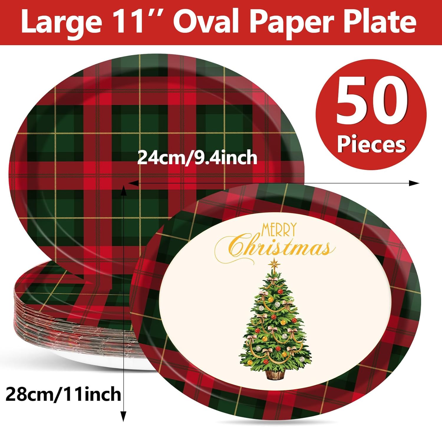 YUYAN-50 PCS Christmas Red & Green Gingham Oval Paper Plates Large 11 ...