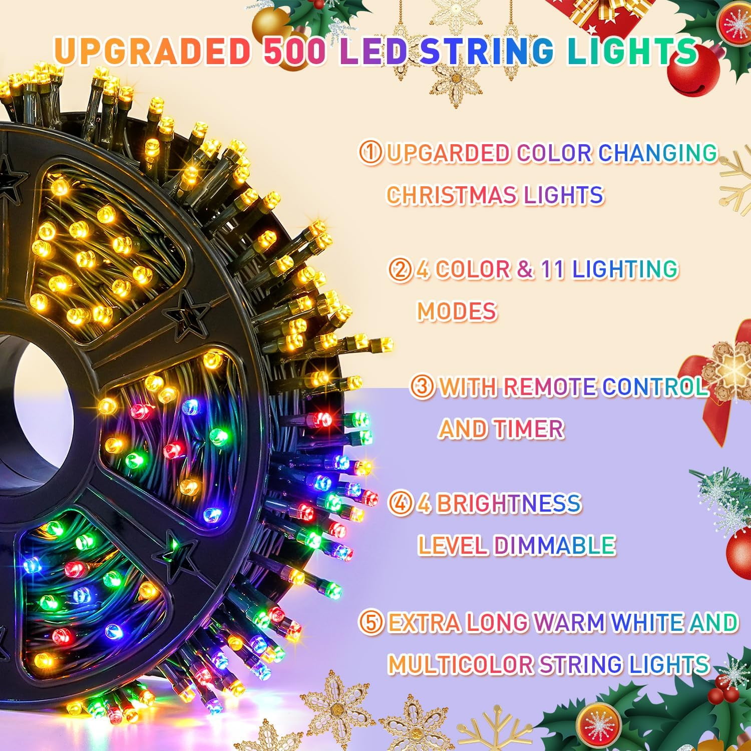 YUYAN-500 LED Color Changing Christmas Lights, 173ft Warm White ...