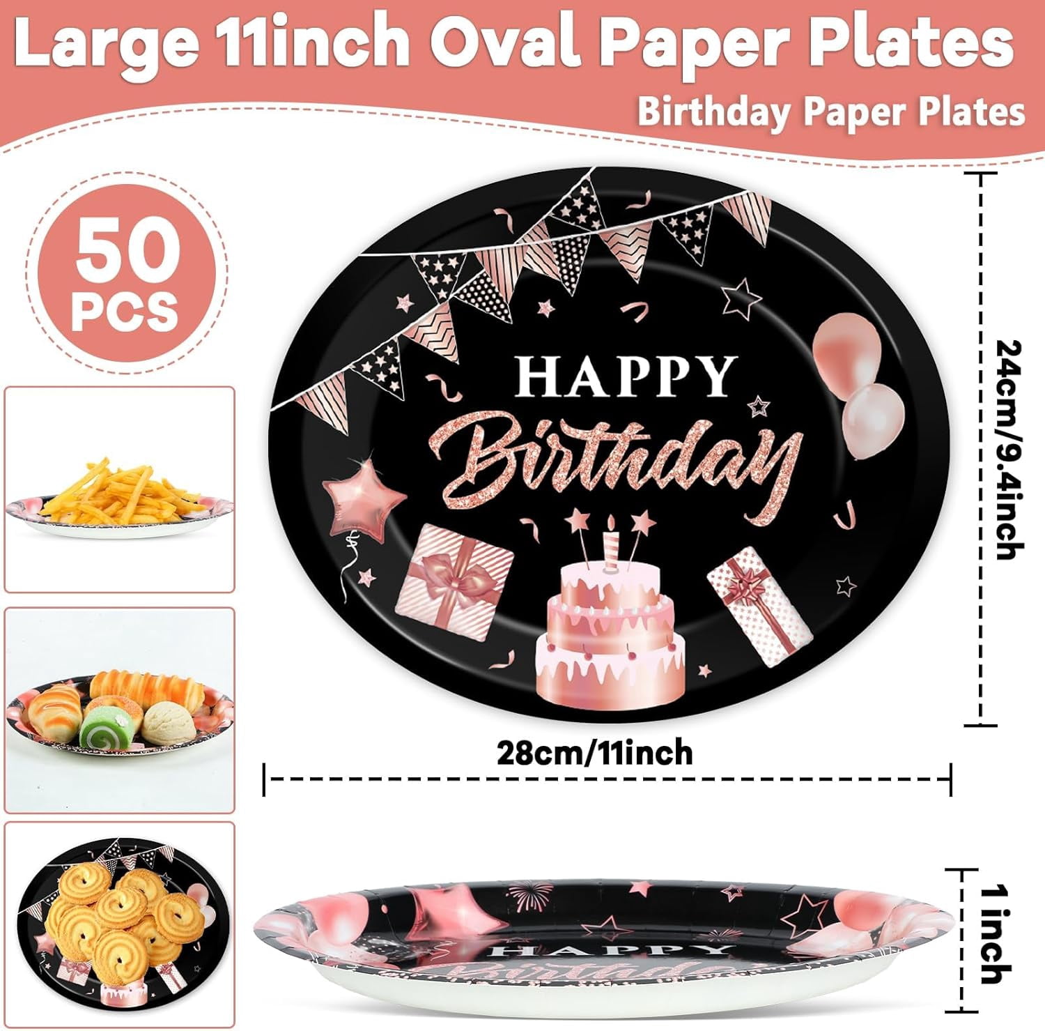 YUYAN-50PCS Black and Pink Birthday Oval Paper Plates - 11inch Large ...