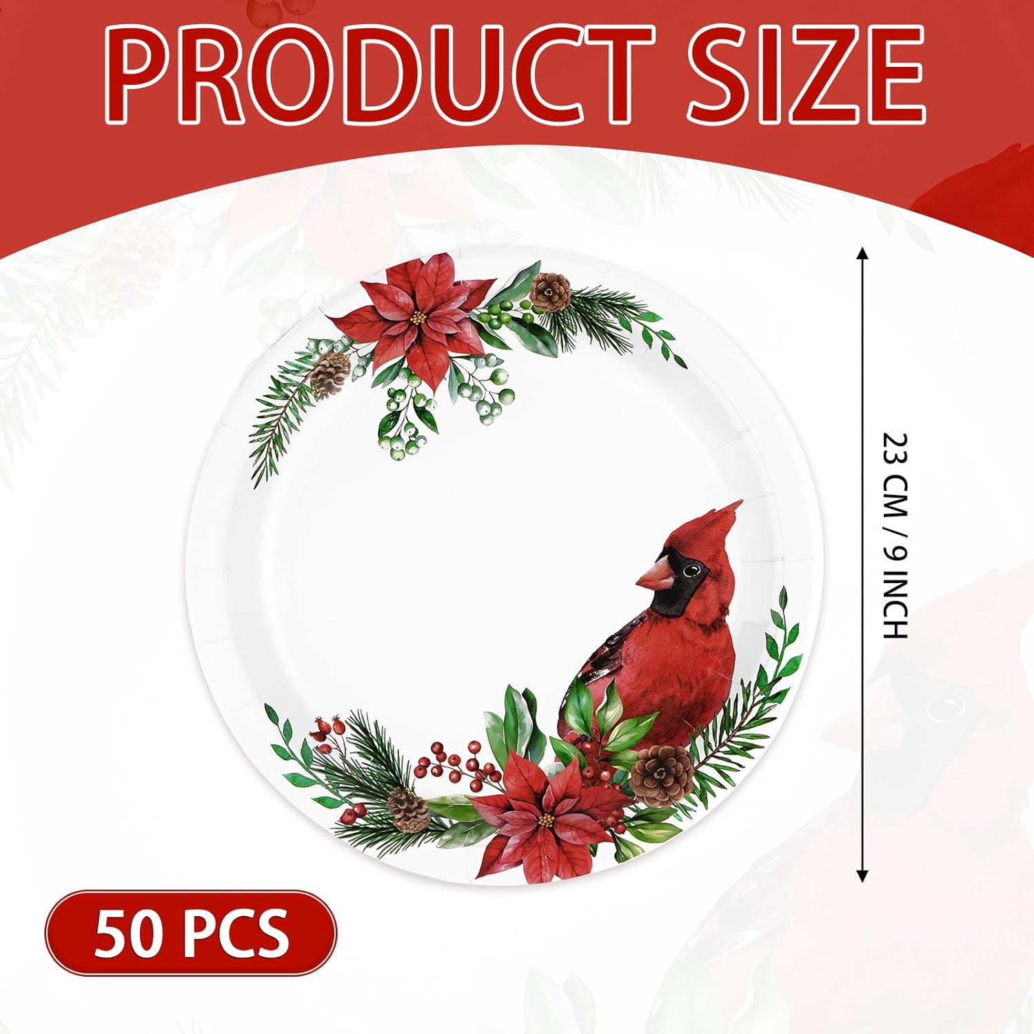 YUYAN-50Pcs Christmas Cardinal Paper Plates 9 Inch Disposable Red ...