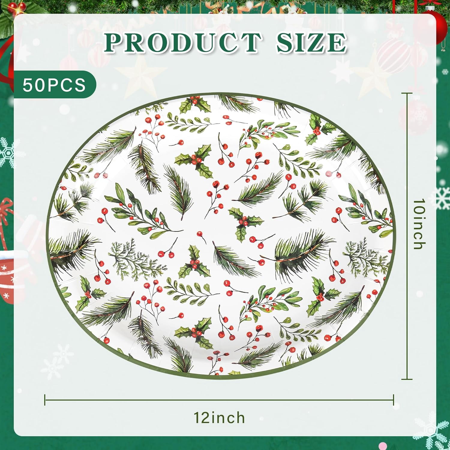 YUYAN-50Pcs Christmas Oval Paper Plates Holly Berries Disposable ...
