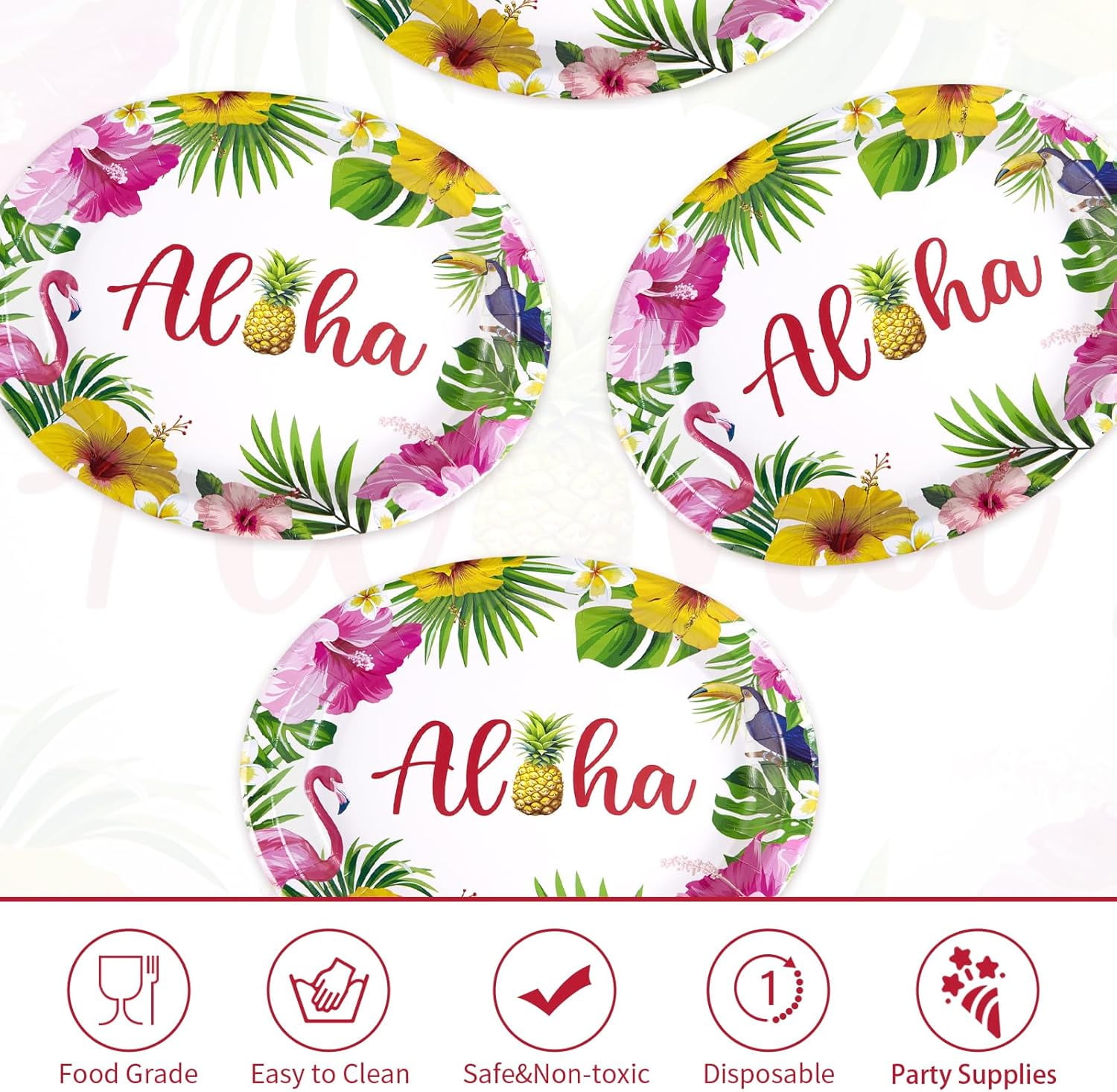 YUYAN-50Pcs Hawaiian Luau Oval Paper Plates, 10" x 12", Disposable ...