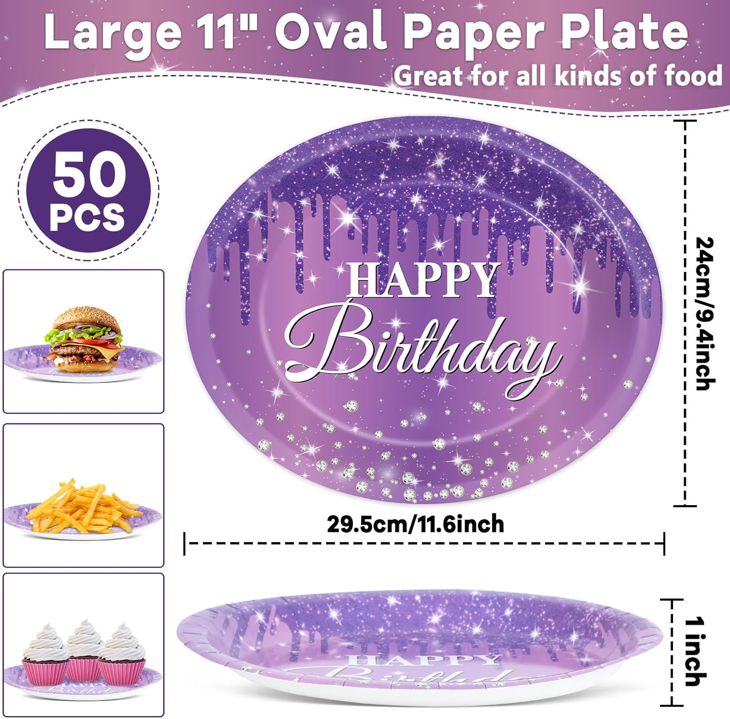 YUYAN-50Pcs Purple and Silver Birthday Oval Paper Plates 11Inch Large ...