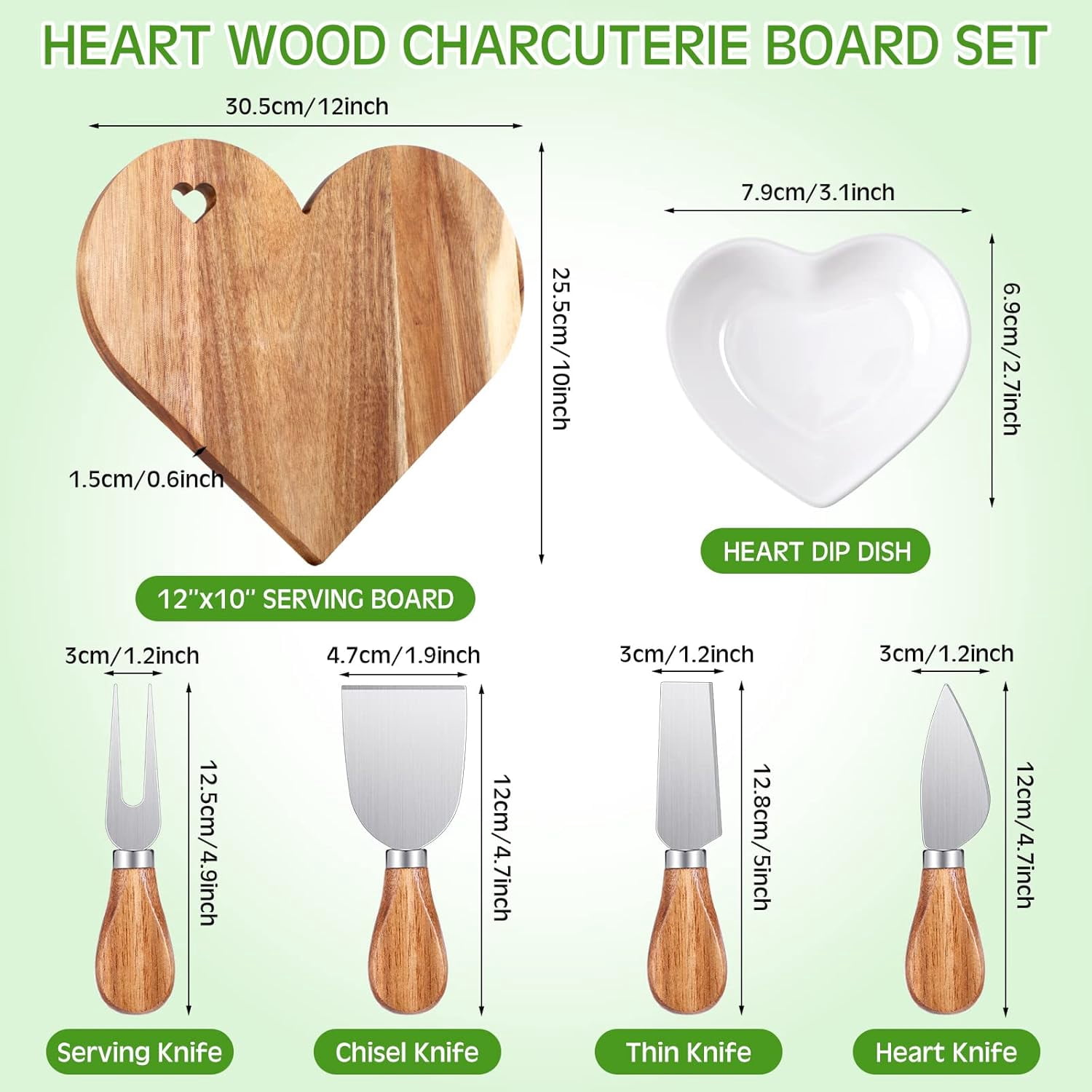 YUYAN-6 Pcs Heart Shaped Charcuterie Board and Serving Set 12 x 10 x 0. ...