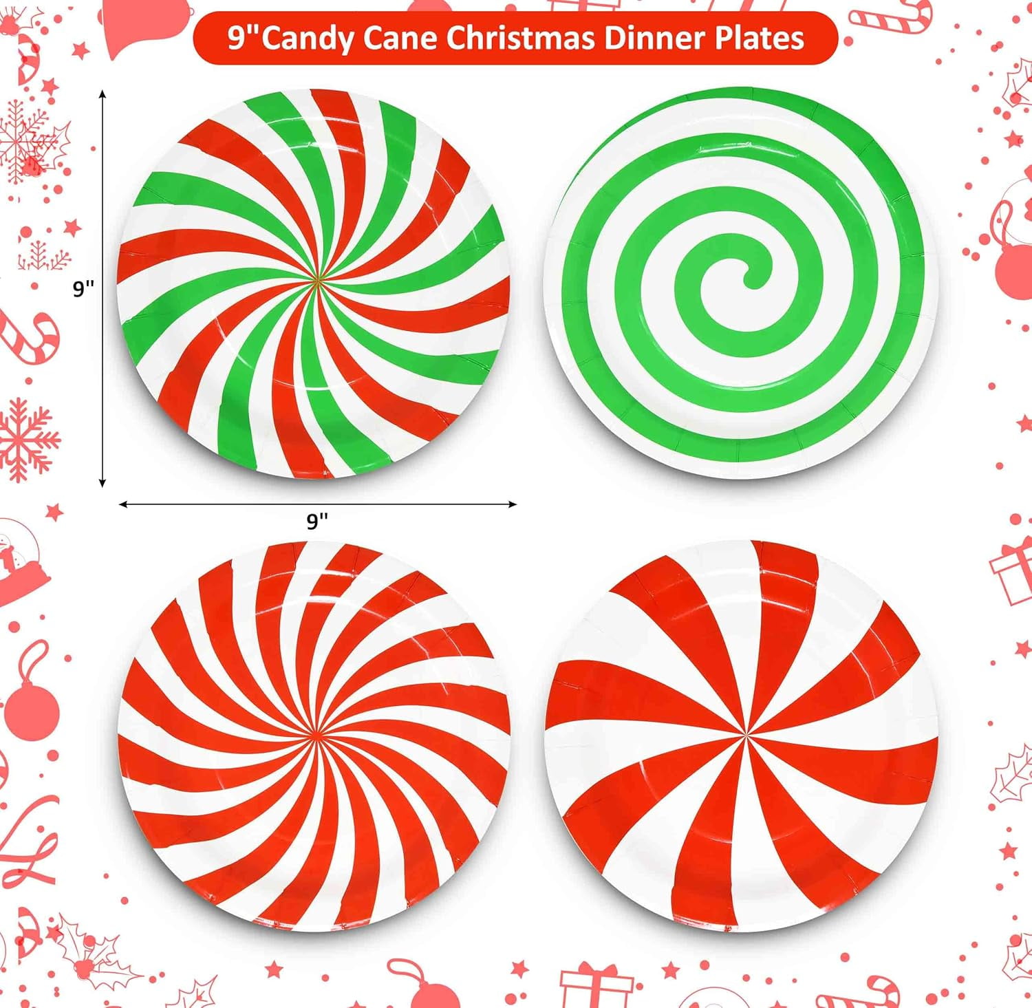 YUYAN-60 Count Candy Cane Christmas Dinner Plates 9" Holiday Disposable ...