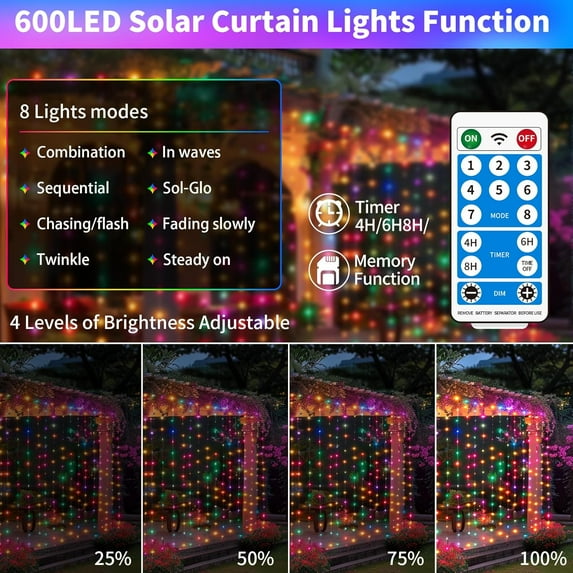 YUYAN-600LED Solar Curtain Lights Waterproof, 20 * 10FT Upgraded ...