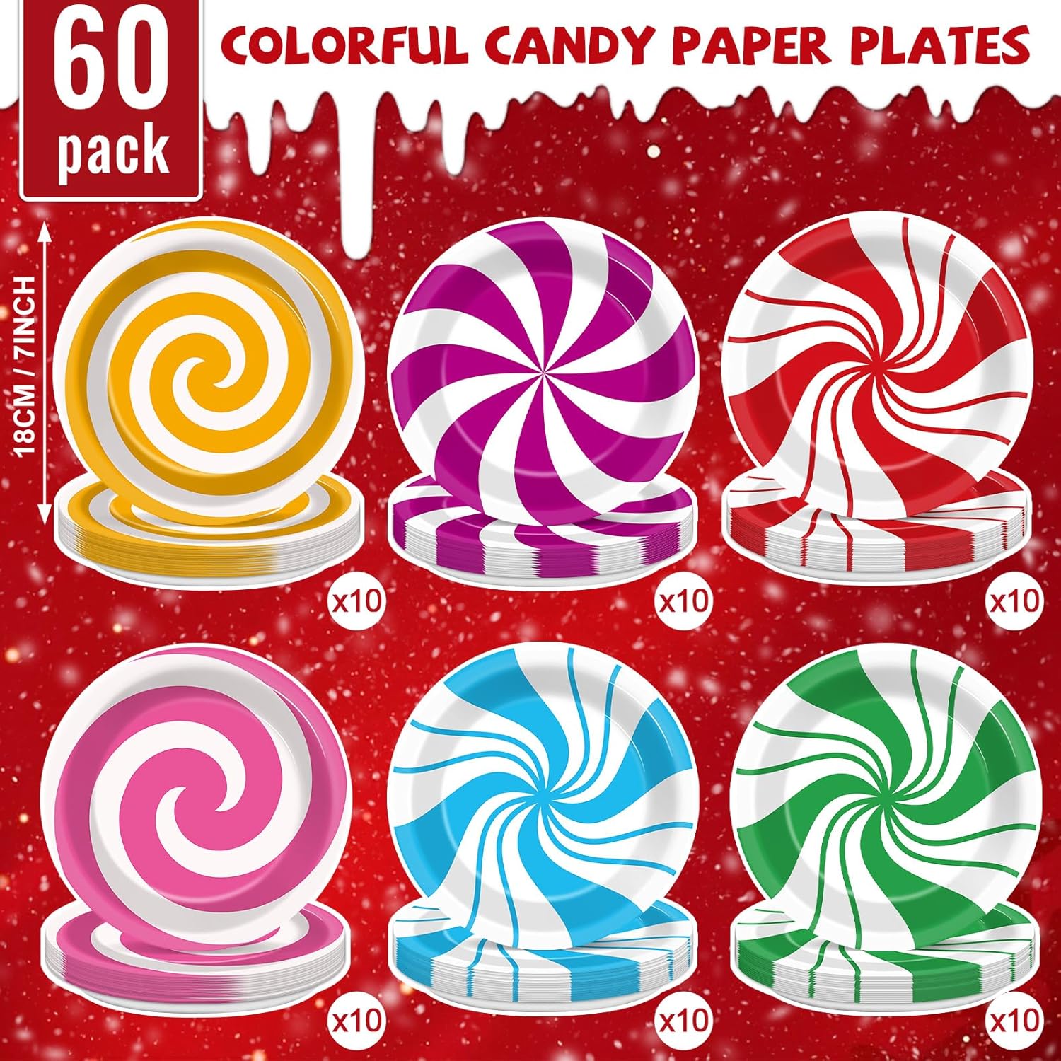 YUYAN-60PCS Christmas Peppermint Candy Cane Paper Plates 7in Colorful ...