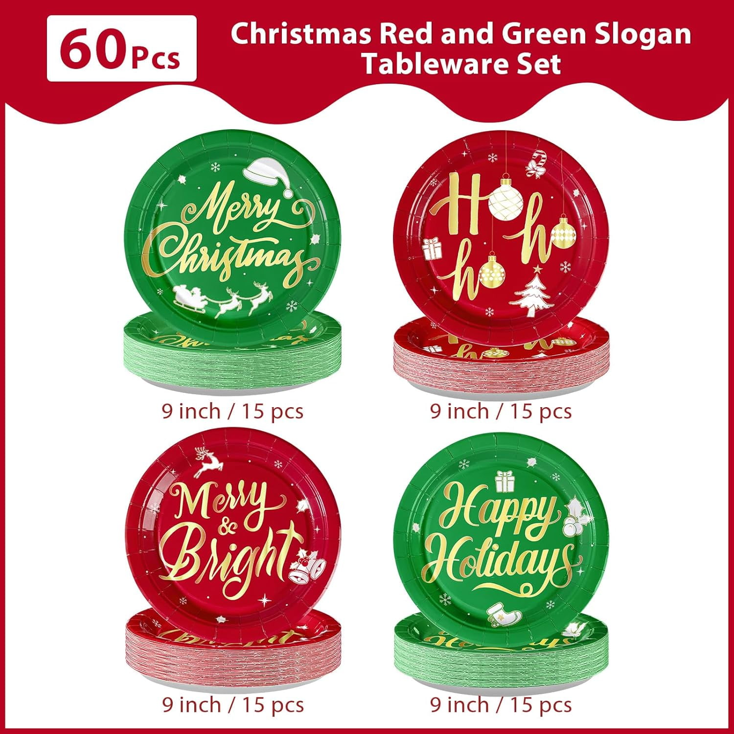 YUYAN-60Pcs Christmas Paper Plates 9" Red Green Merry Christmas Plates ...