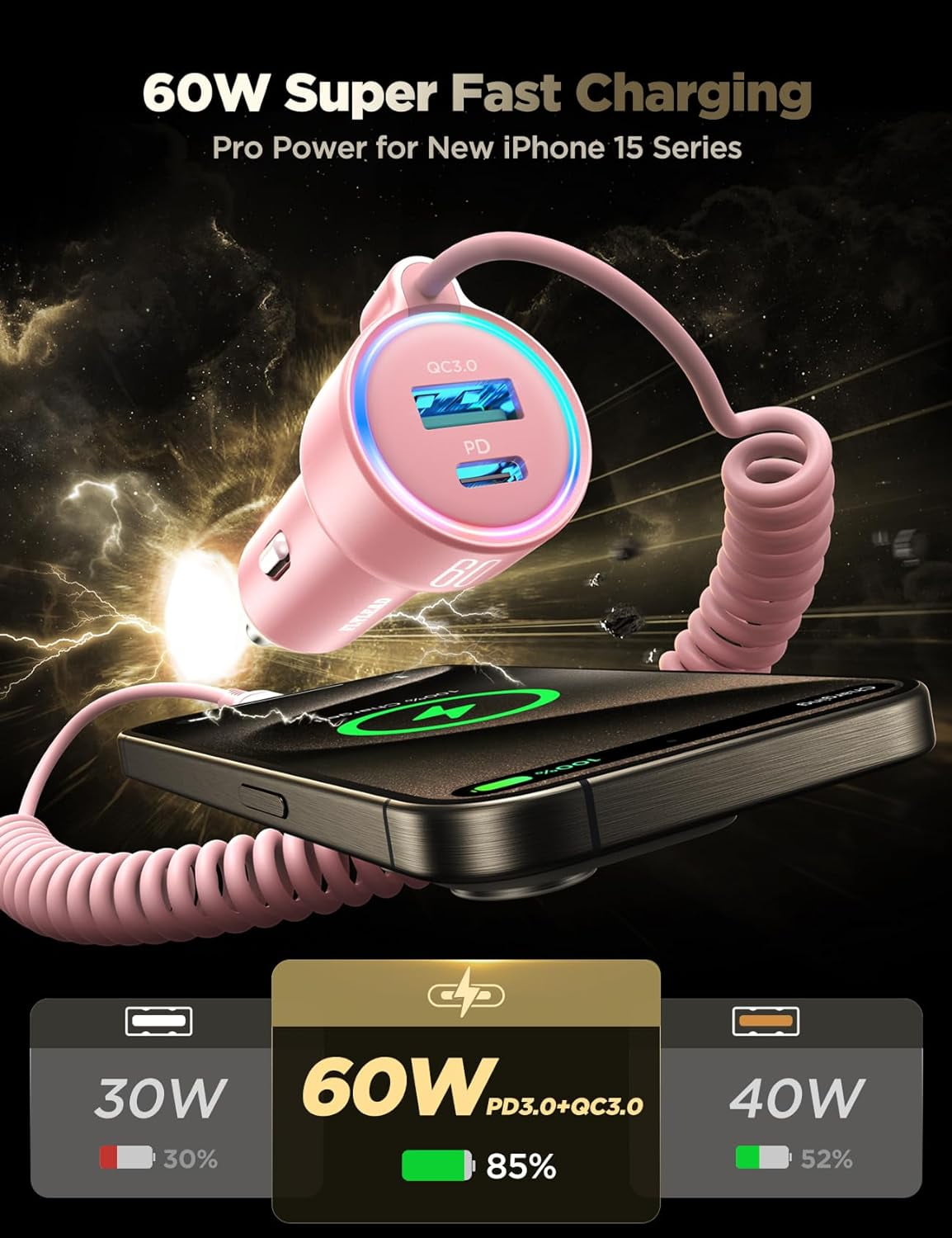 YUYAN-60W USB C Car Charger Fast Charge PD& QC3.0 with 5ft 30W Type C Coiled Cable, Car Phone ...