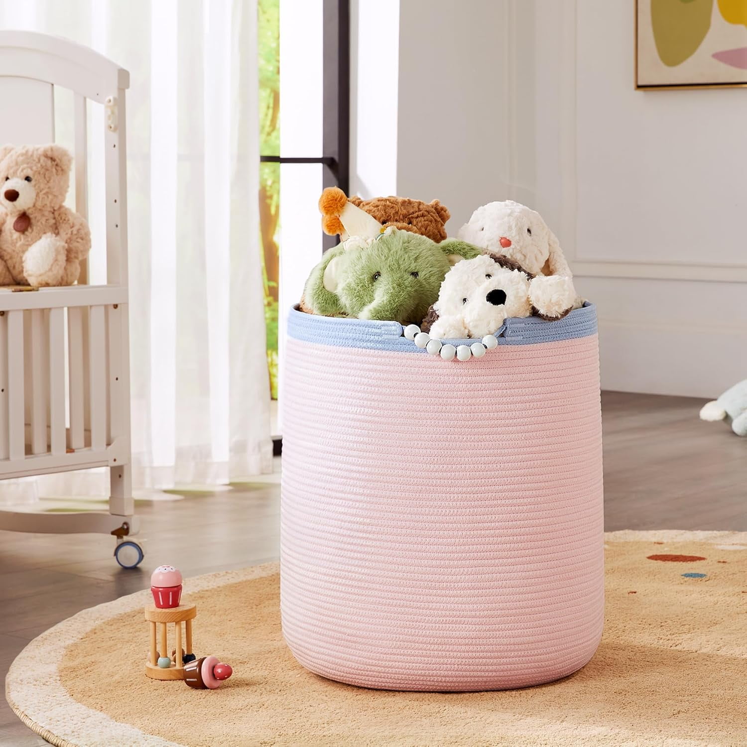 YUYAN-65L Pink Woven Rope Laundry Hamper Basket for Clohtes Boho Tall ...