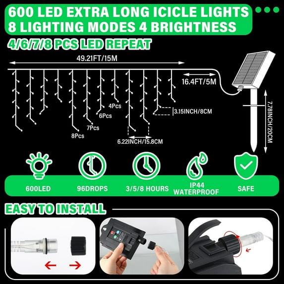 YUYAN-65ft Green Solar Icicle Christmas Lights for Outdoor Decorations ...