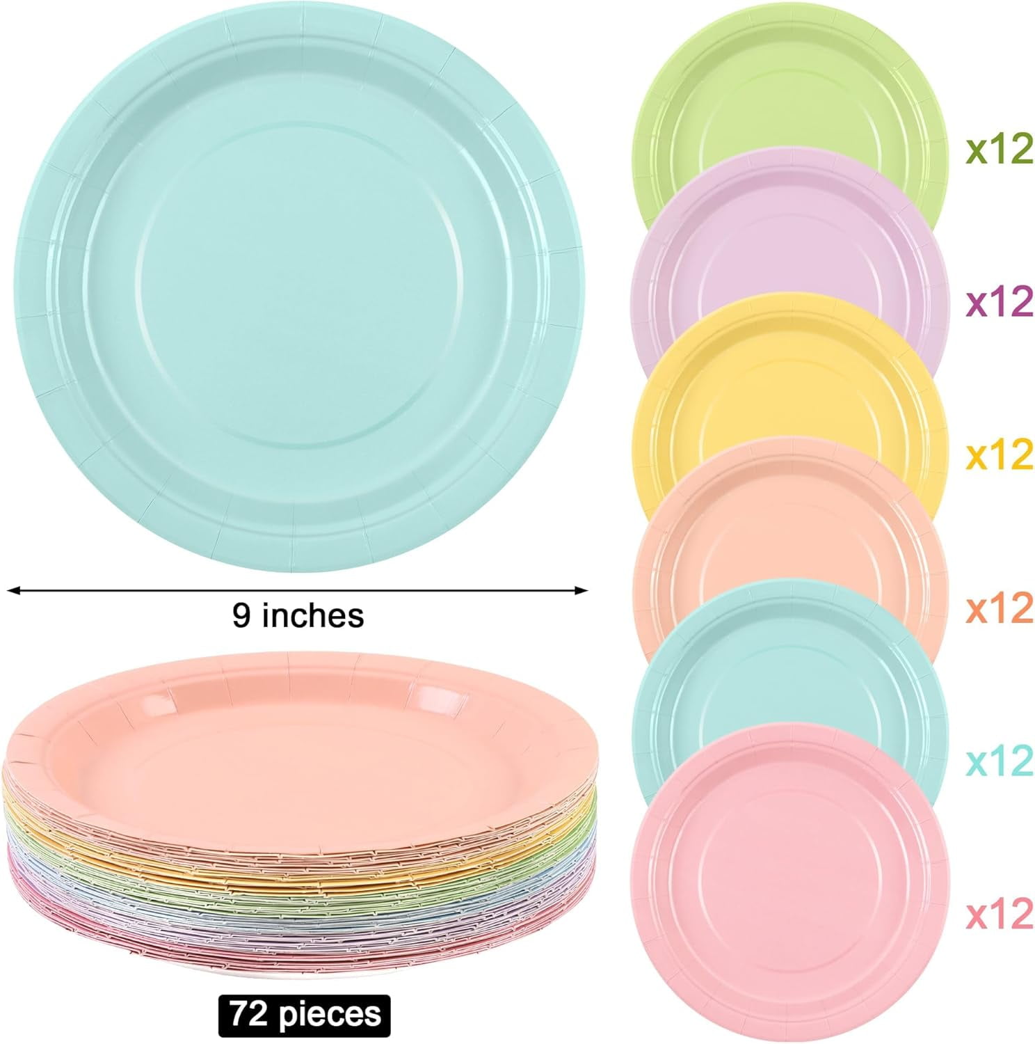 YUYAN-72 Pieces 9 Inch Pastel Rainbow Paper Plates Disposable Heavy ...