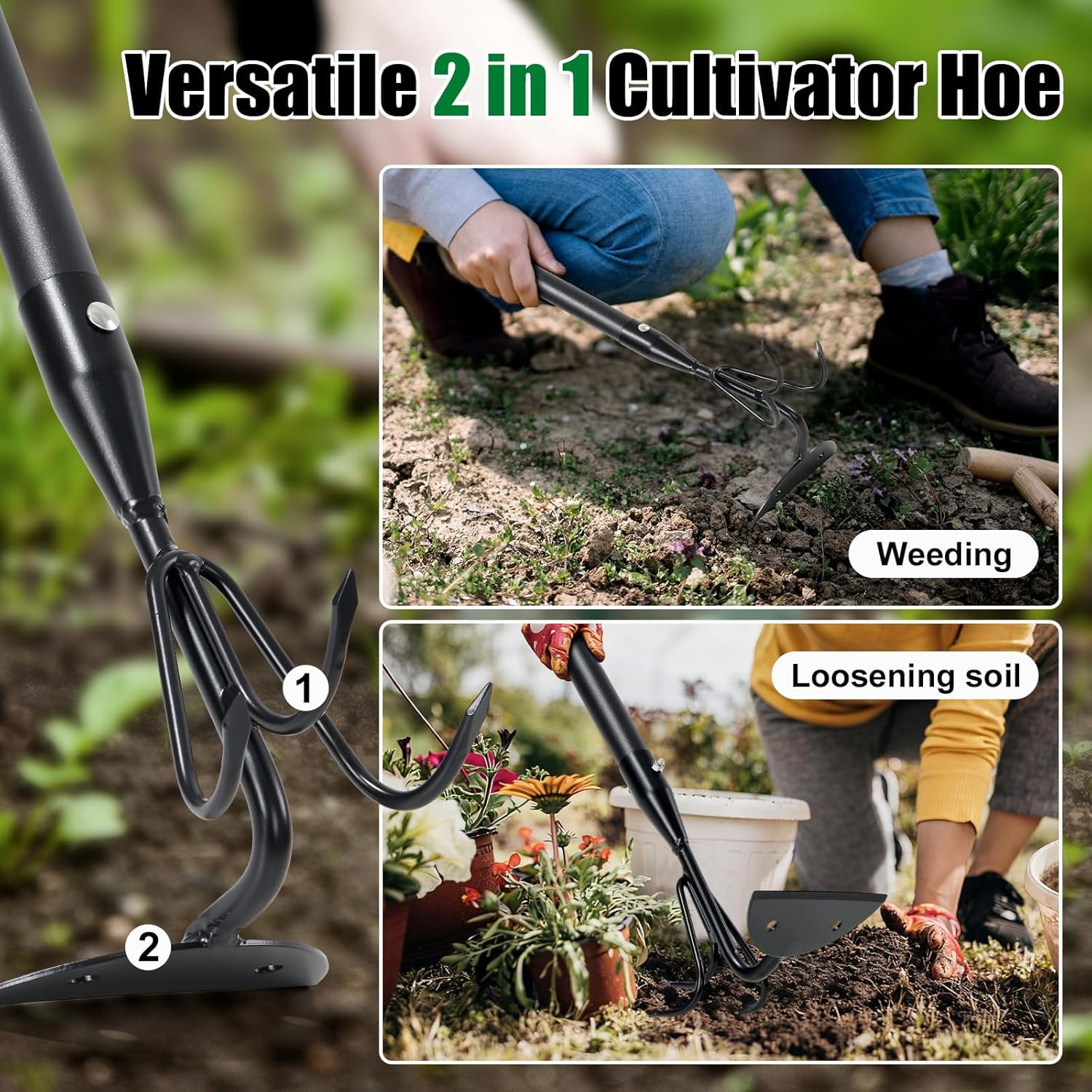YUYAN-75'' Hoe Garden Tool2-in-1 Weeding Rake with Round Hoe Head for ...