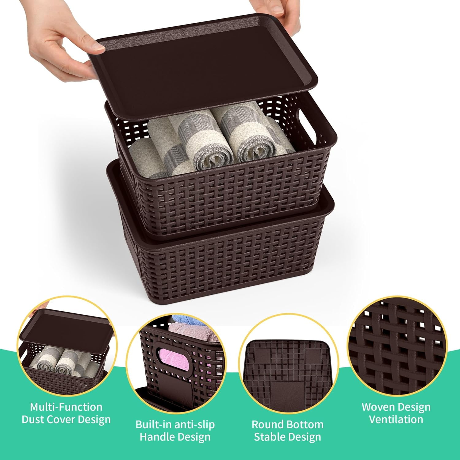 YUYAN-8-Pack Brown Plastic Storage Baskets with Lids, Label Organizers ...