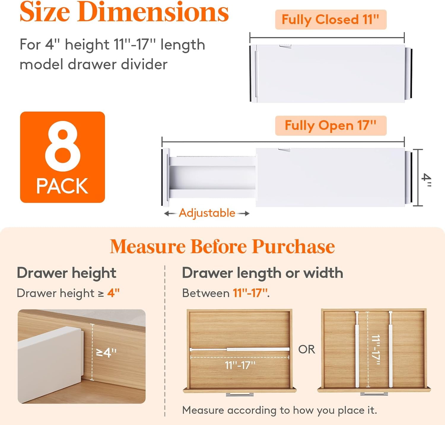 YUYAN-8 Pack Drawer Dividers 4" High,11-17" Adjustable Dresser Drawer ...